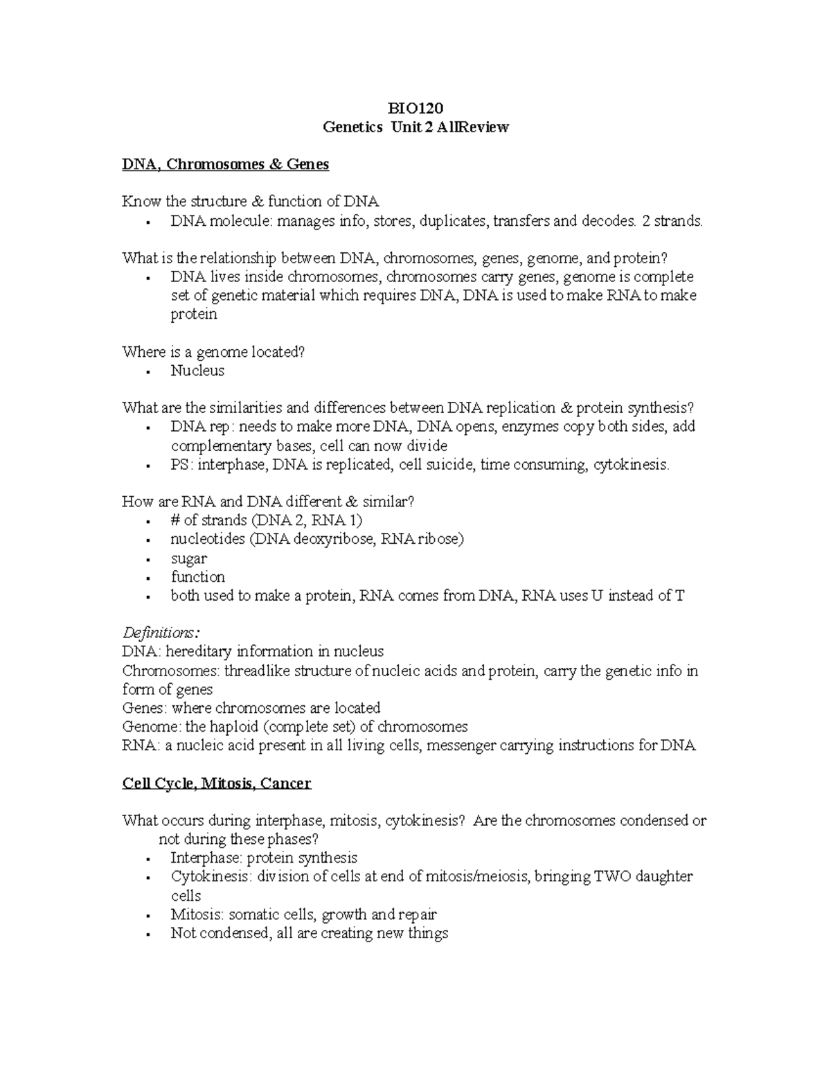 Unit 2 Review - Lecture notes unit 2 - BIO120 Genetics Unit 2 AllReview ...