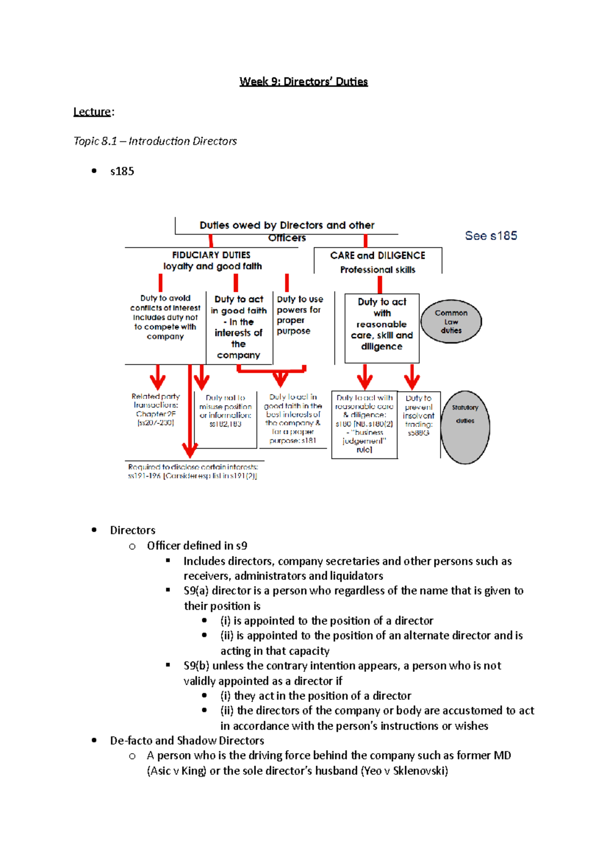 LOBO Week 9 Notes - Week 9: Directors’ Duties Lecture: Topic 8 ...