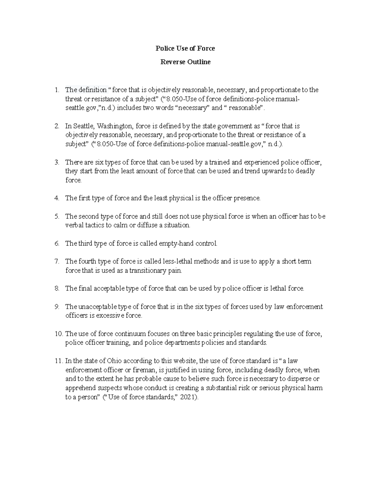 Module 6 Reverse Outline Nelligan - Police Use of Force Reverse Outline ...