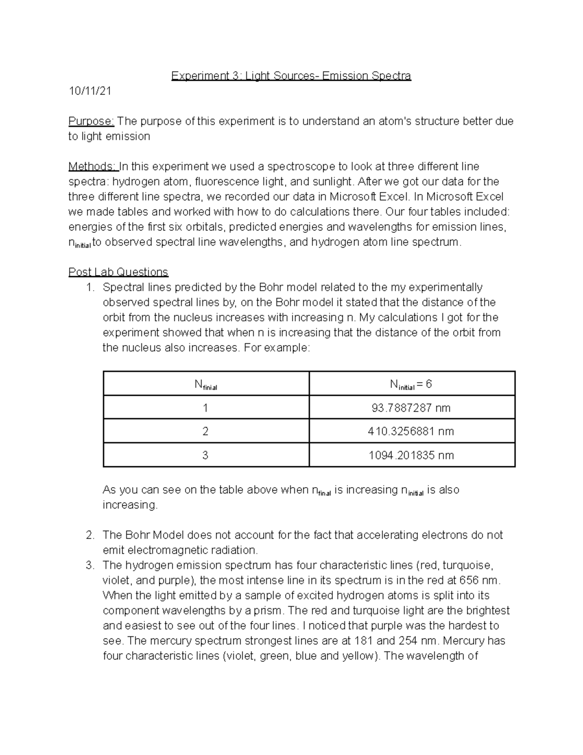 Chem Lab post report - Exp 3 - Experiment 3: Light Sources- Emission Spectra 10/11/ Purpose: The ...