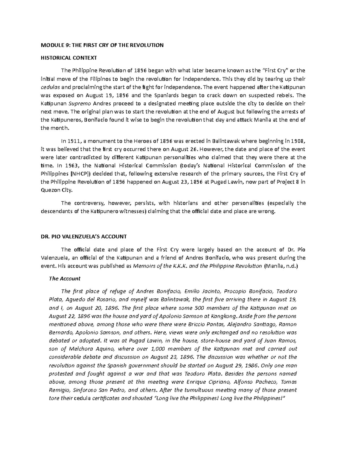 Module 9: The First Cry of the Revolution - MODULE 9: THE FIRST CRY OF ...