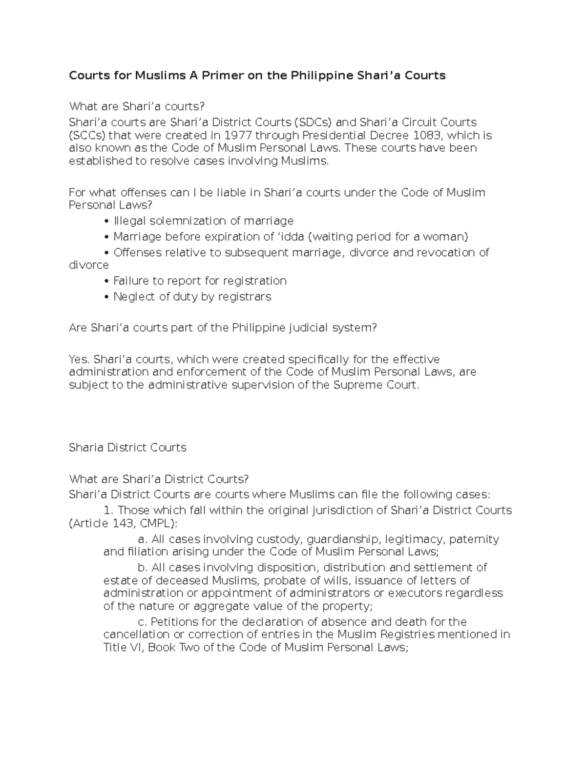 Courts for Muslims A Primer on the Philippine Shari - These courts have ...