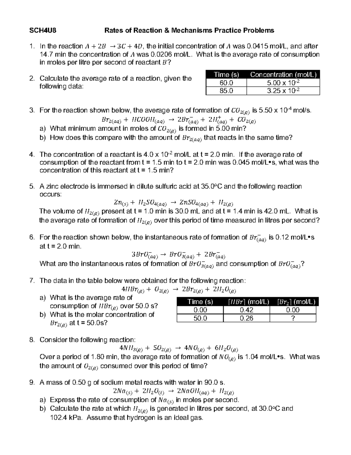Rates of Reaction & Mechanisms Practice Problems - SCH4U8 Rates of ...