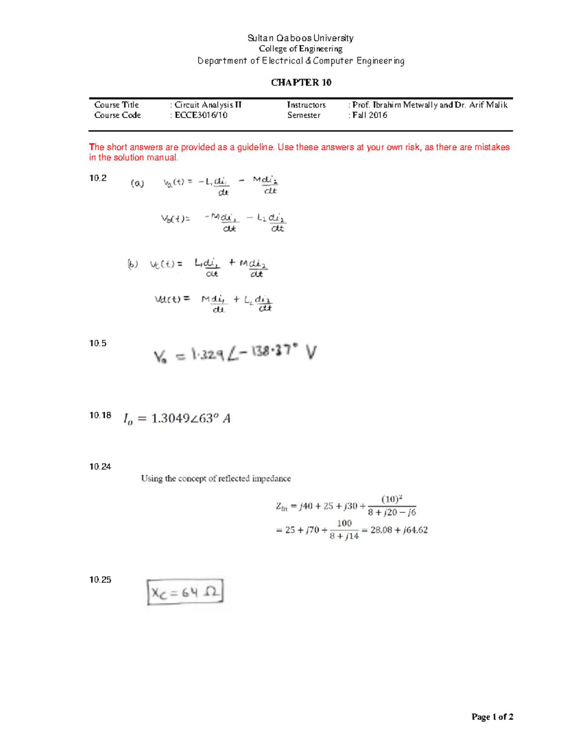 CH10-Short Answers - Thjcfyj - circuit analysis 2 - Page 1 of 2 Sultan Qaboos University College ...