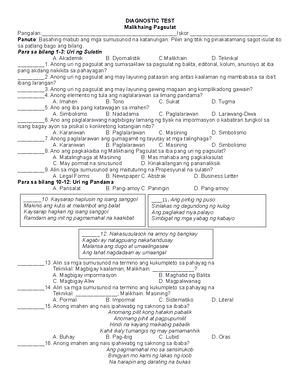 Diagnostic TEST Akademik - DIAGNOSTIC TEST FILIPINO SA PILING LARANGAN ...