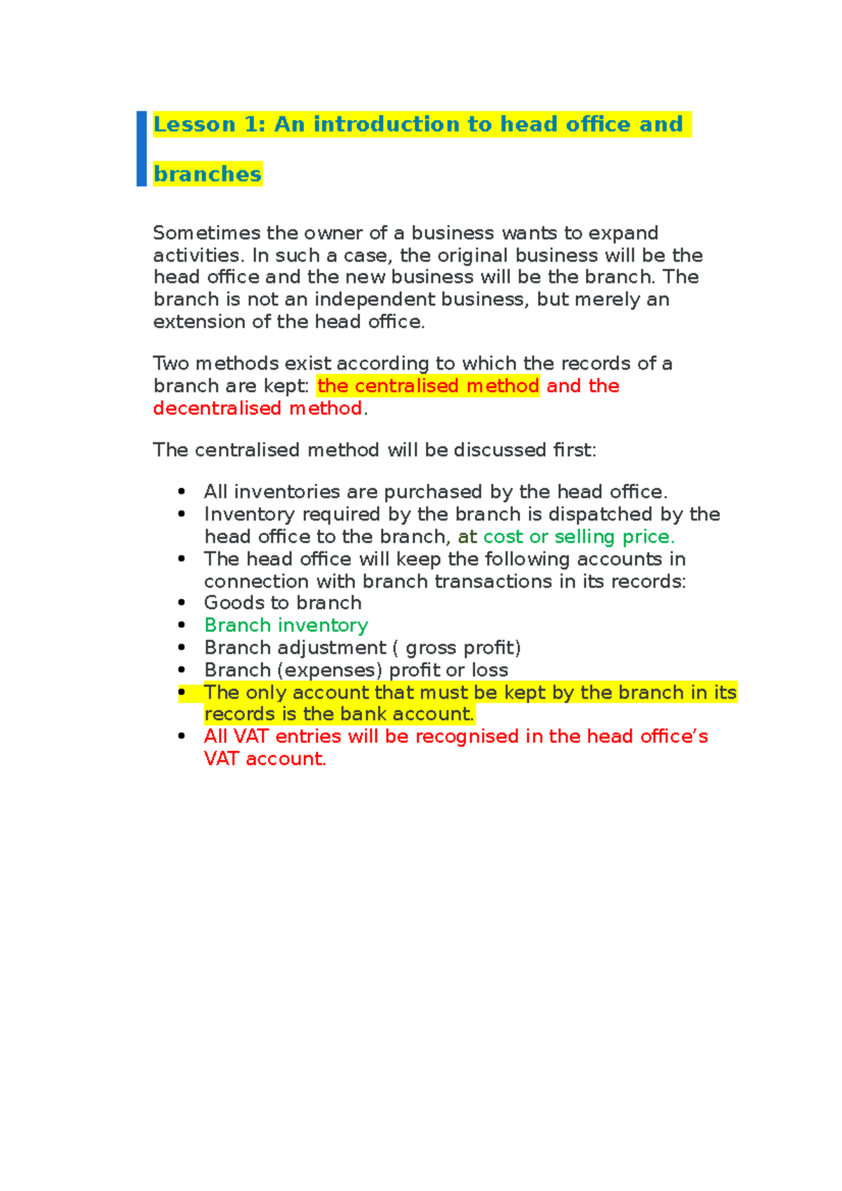 Branch Accounts Lesson A - Lesson 1: An introduction to head office and ...