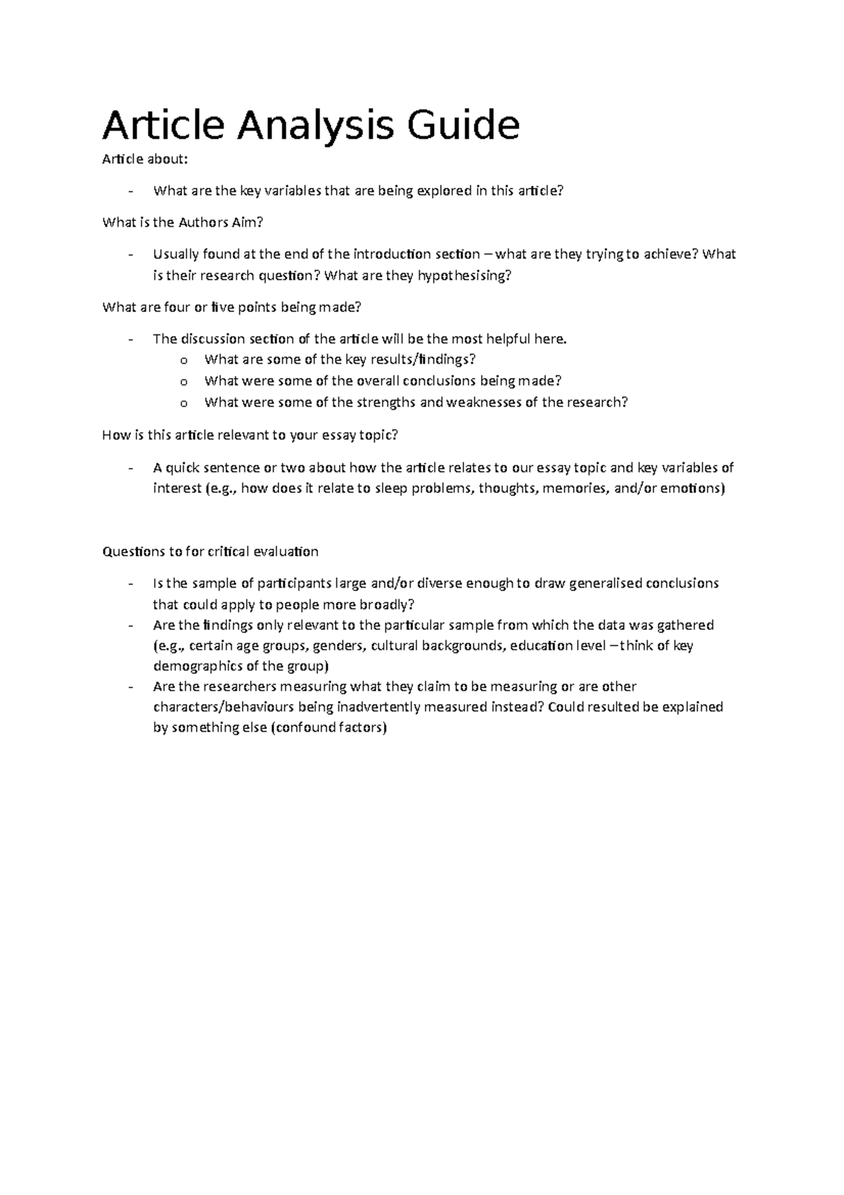 Article Analysis Guide - Article Analysis Guide Article about: What are ...