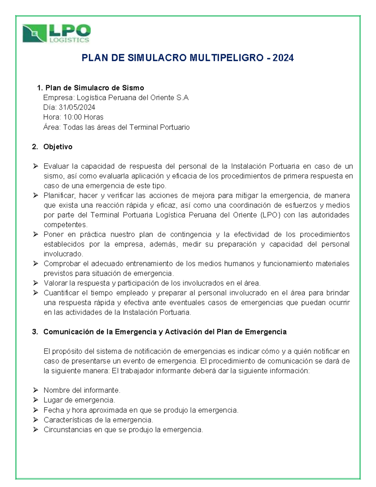 PLan de Simulacro de Multipeligro Sismo - PLAN DE SIMULACRO MULTIPELIGRO - 2024 1. Plan de ...