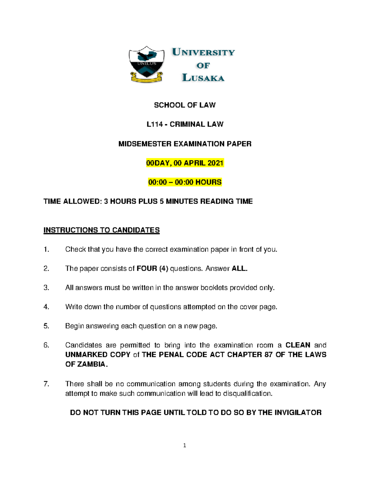 L114 - Criminal Law Past Paper - SCHOOL OF LAW L114 - CRIMINAL LAW MIDSEMESTER EXAMINATION PAPER ...