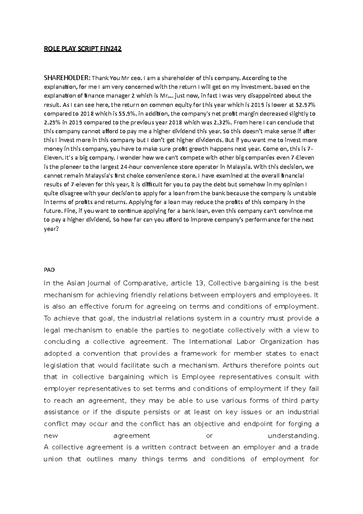 ROLE PLAY Script FIN242 - ROLE PLAY SCRIPT FIN SHAREHOLDER: Thank You ...