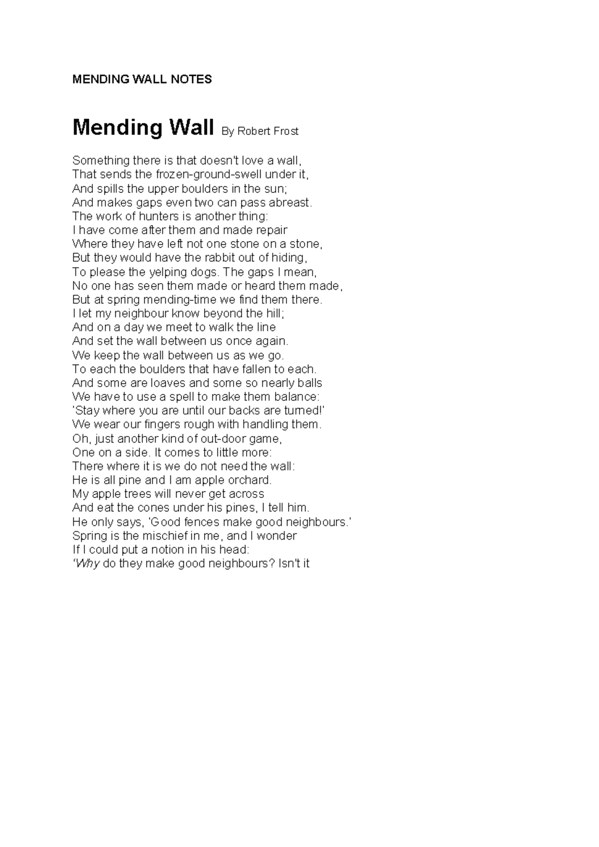 Mending WALL Notes - MENDING WALL NOTES Mending Wall By Robert Frost ...
