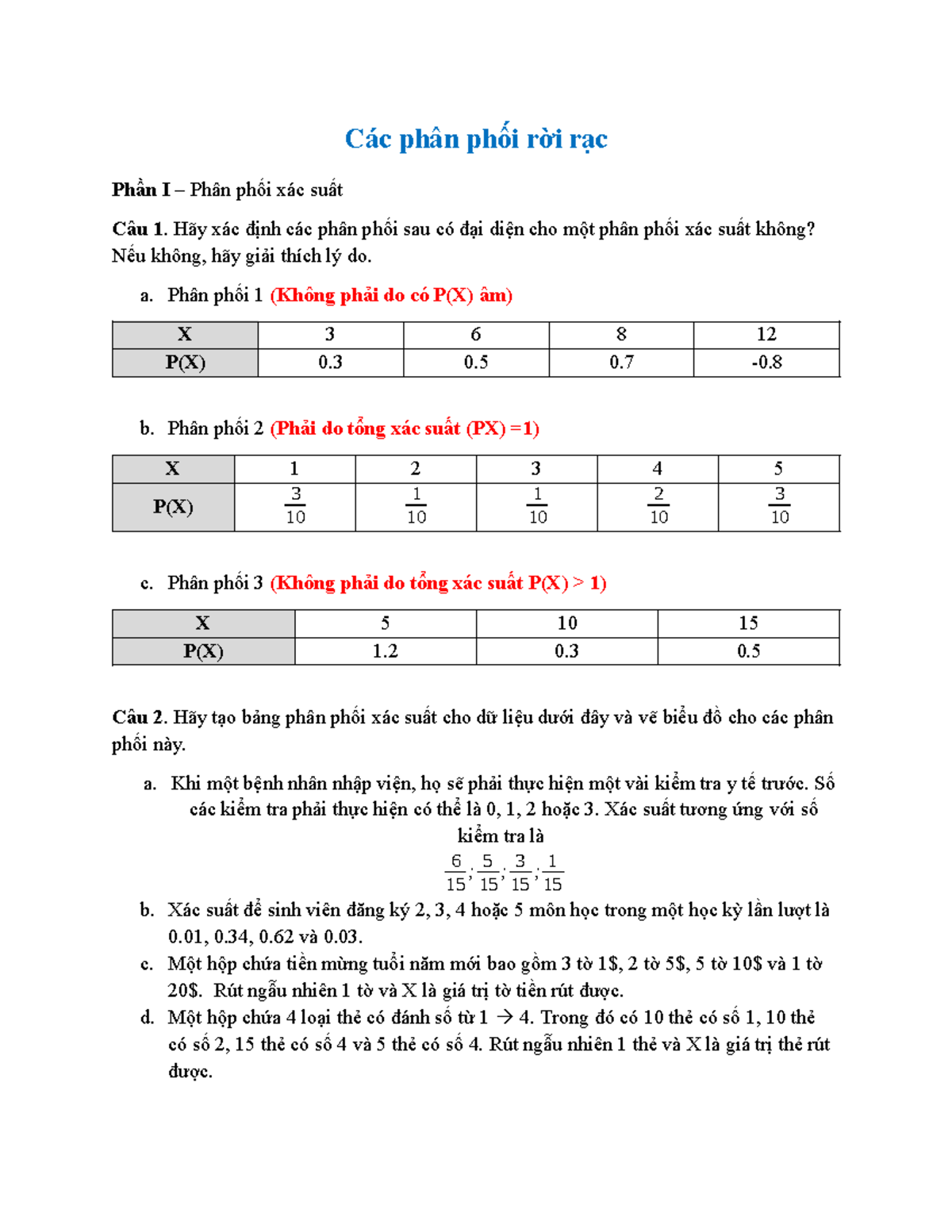 BT Buoi7 Cac Phan Phoi Roi Rac - Các phân phối rời rạc Phần I – Phân phối xác suất Câu 1. Hãy ...