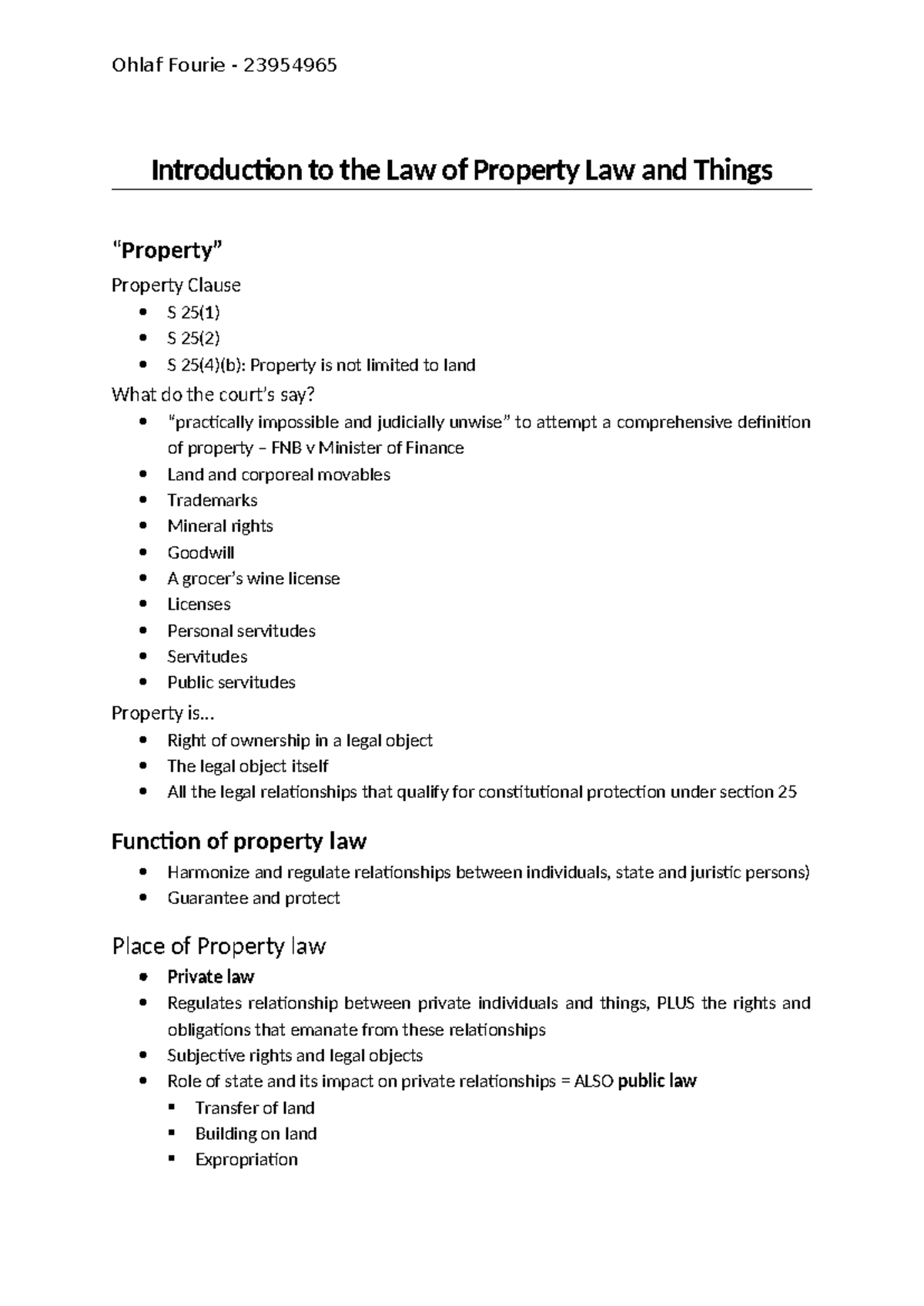 Property Notes A1 - Introduction to the Law of Property Law and Things ...