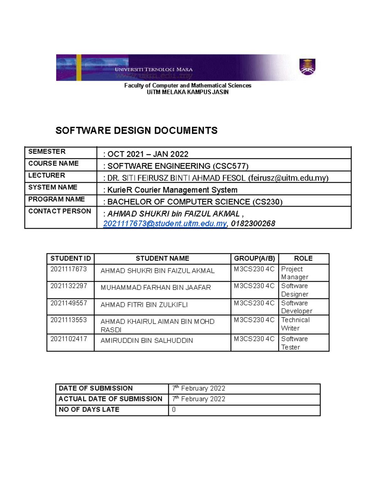 Kurie R Courier Management System-SDD - Faculty of Computer and Mathematical Sciences UiTM ...