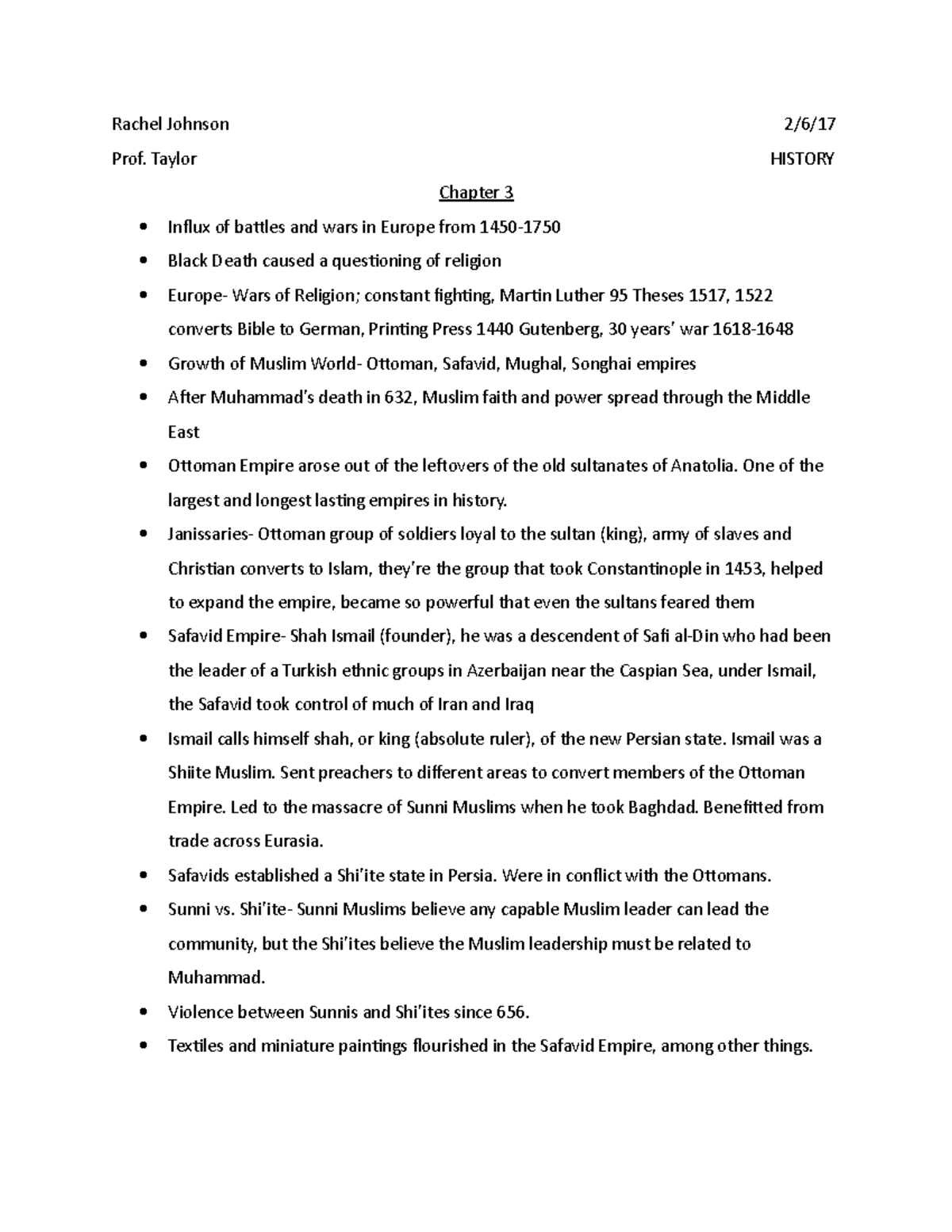 History Core - Chapter 3 notes - Rachel Johnson 2/6/ Prof. Taylor ...