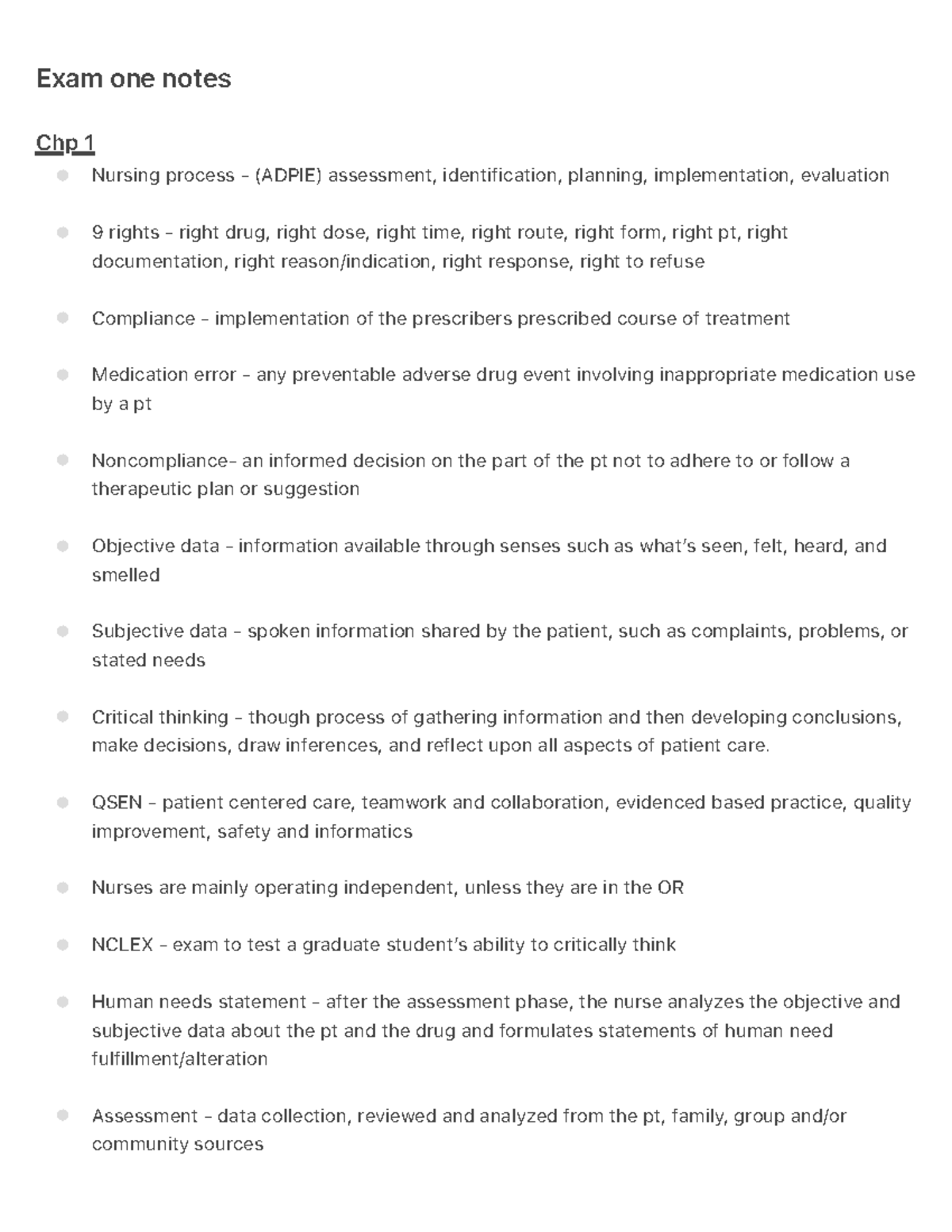Exam one notes - Chp 1 1 - Exam one notes Chp 1 Nursing process ...