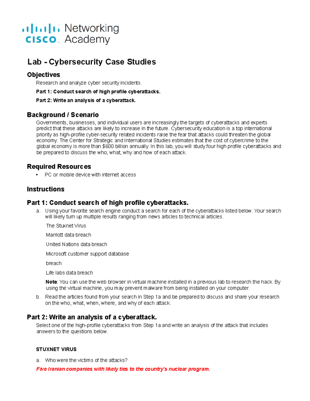 1 - infoasec - Lab - Cybersecurity Case Studies Objectives Research and ...