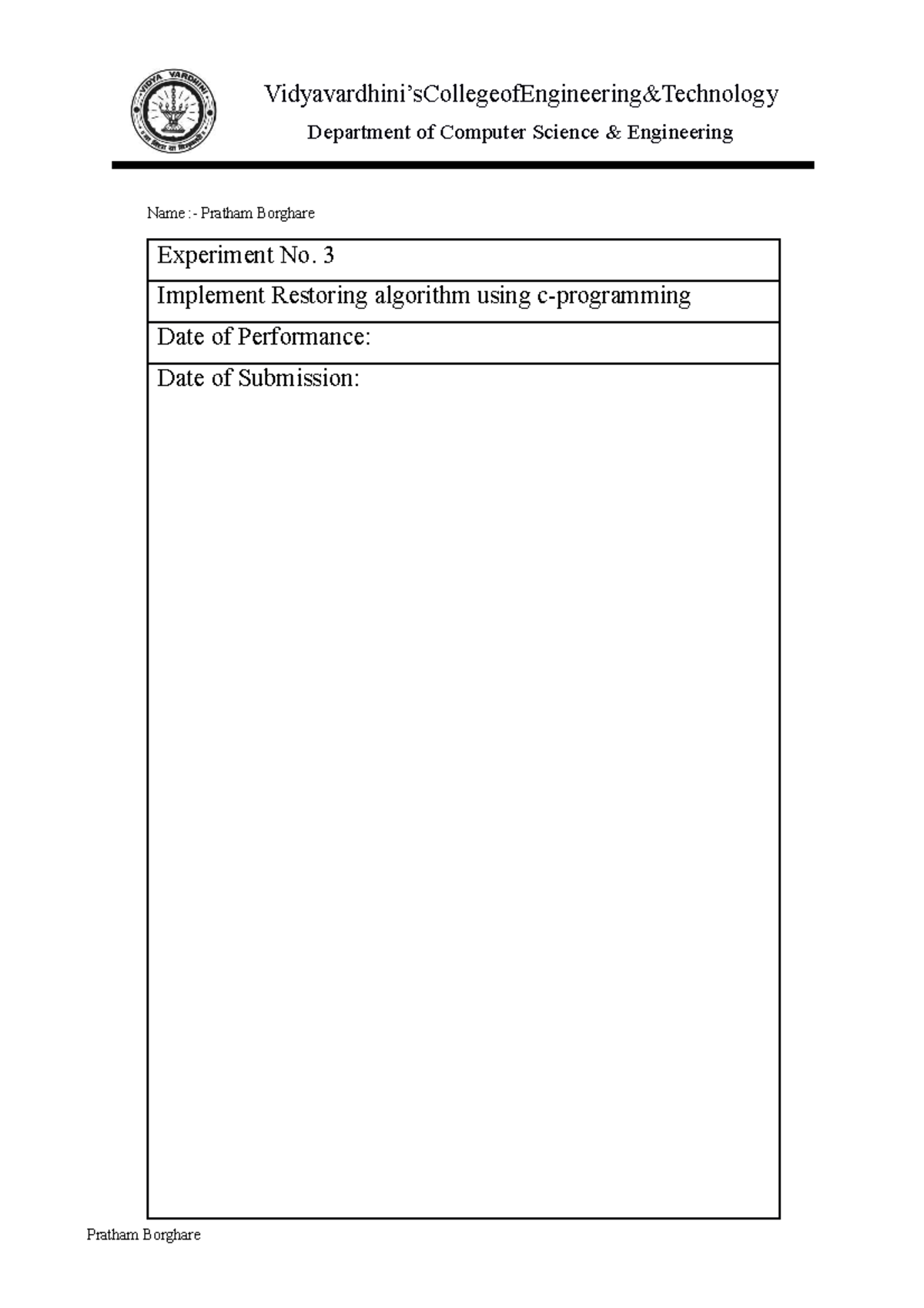 DLCA Exp 03 - Experiments. - Name :- Pratham Borghare Experiment No. 3 Implement Restoring ...