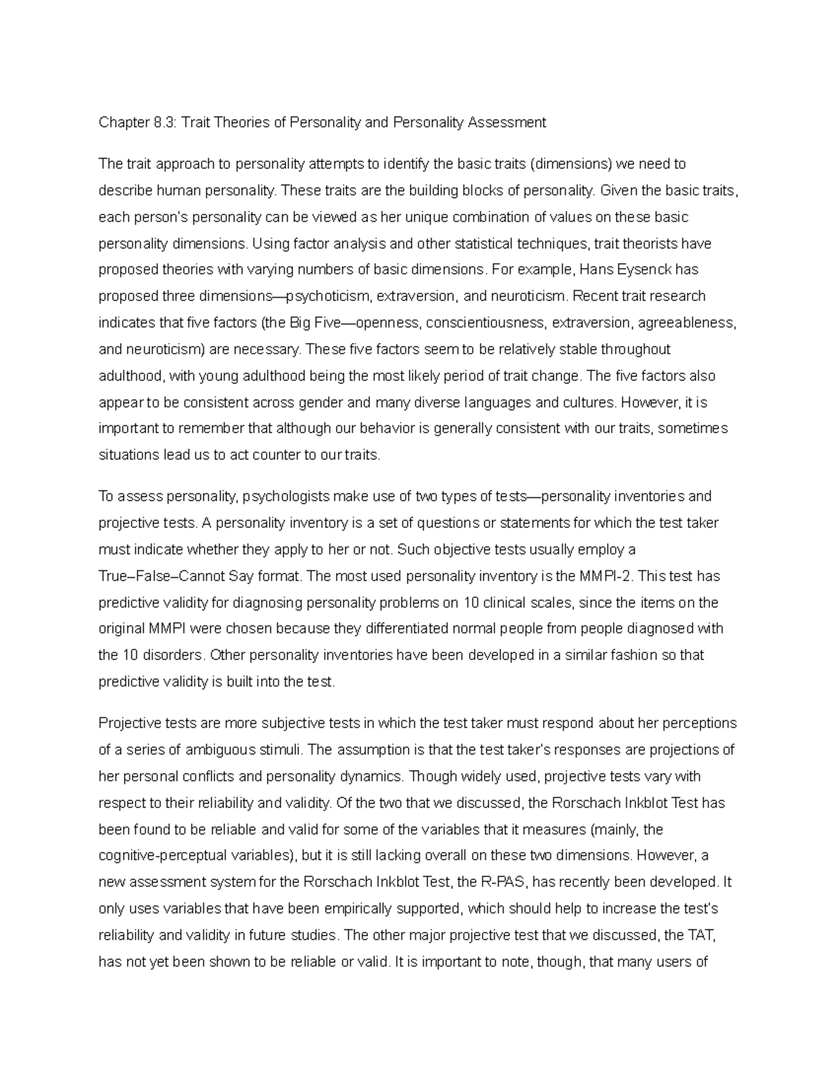 Chapter 8.3- Intro to Psychology Personality Theories and Assessment ...