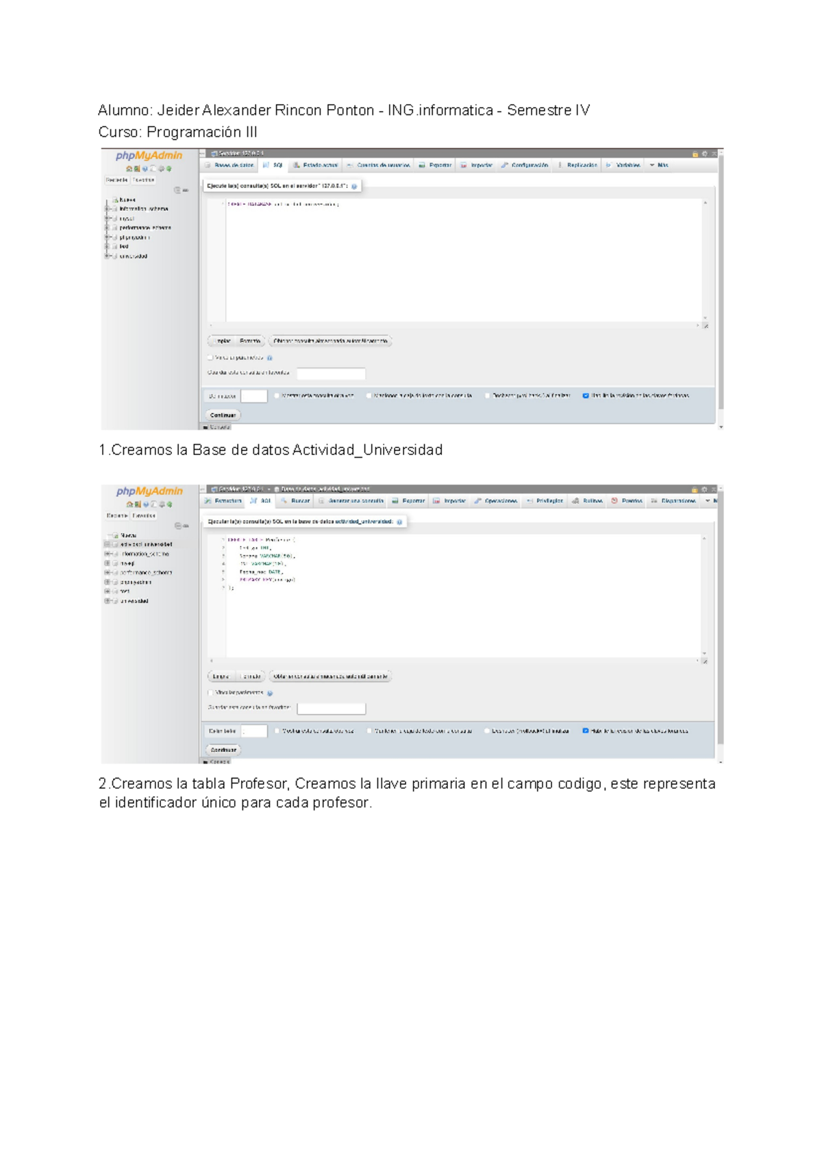 Actividad- Base de datos - Alumno: Jeider Alexander Rincon Ponton - ING - Semestre IV Curso ...