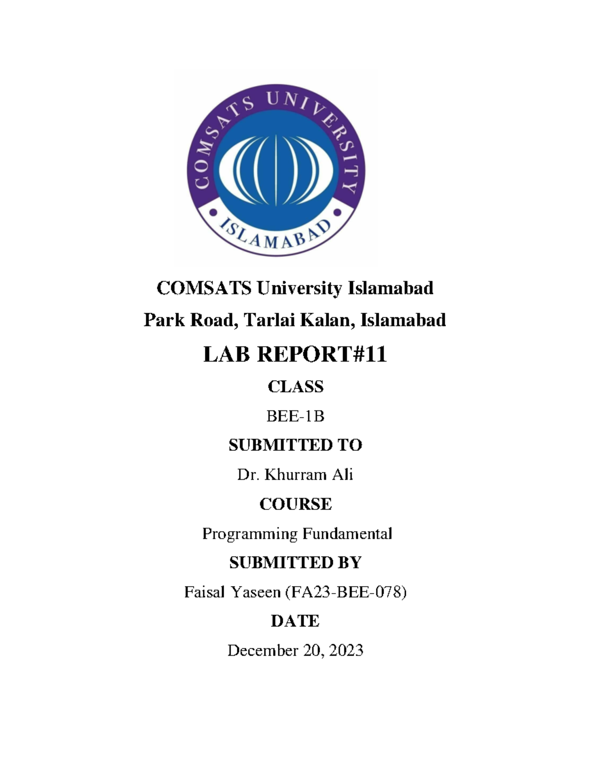Lab report 11 (strings ) - COMSATS University Islamabad Park Road, Tarlai Kalan, Islamabad LAB ...