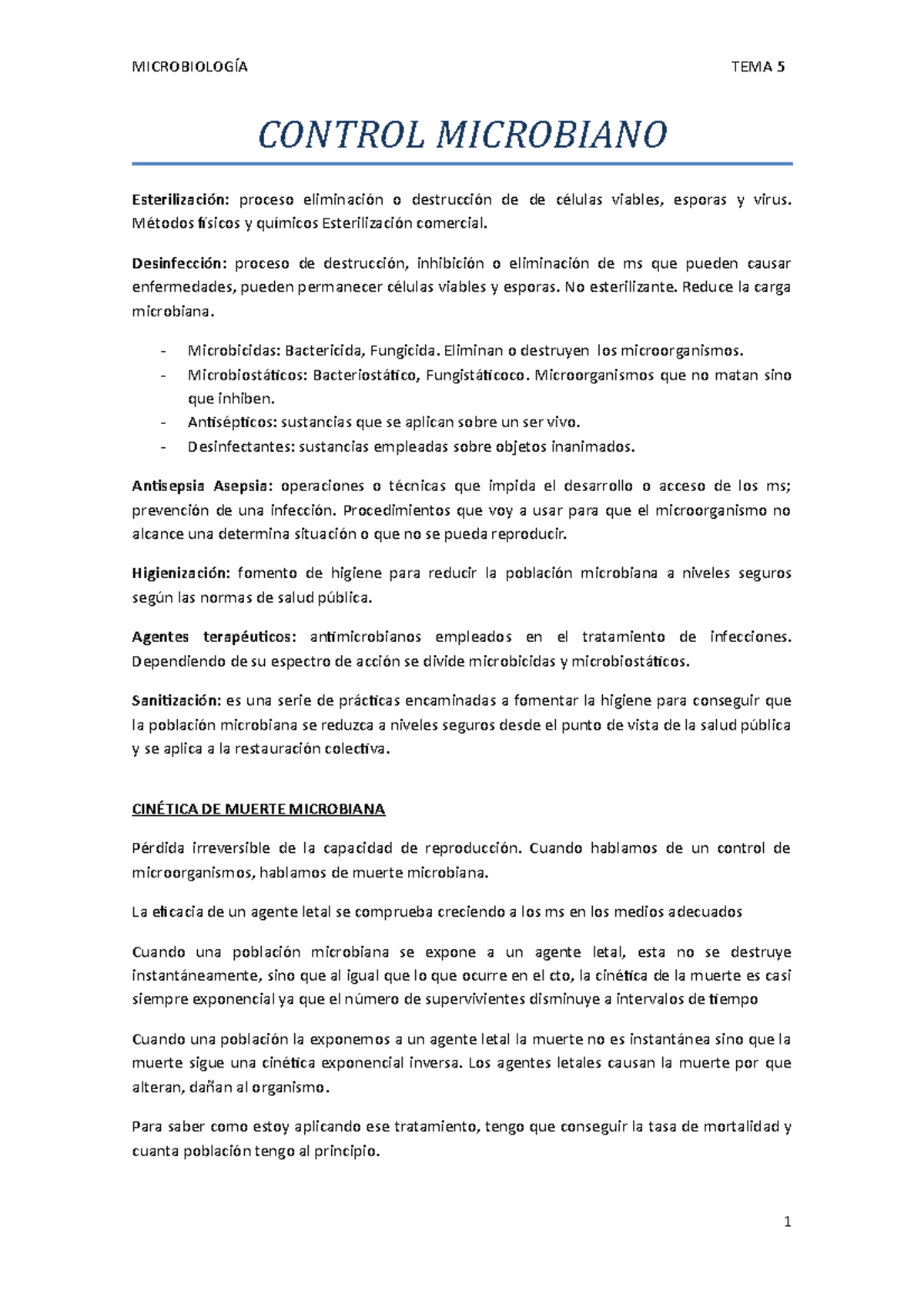 Control microbiano - Apuntes 5 - CONTROL MICROBIANO Esterilización ...