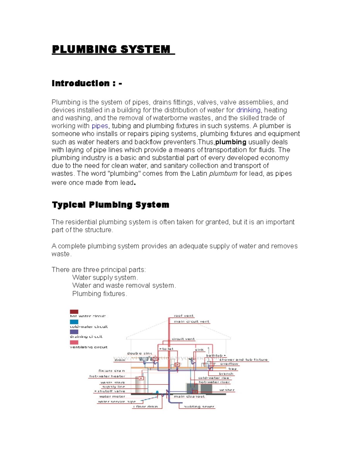Plumbing-notes compress - PLUMBING SYSTEM Introduction : - Plumbing is ...