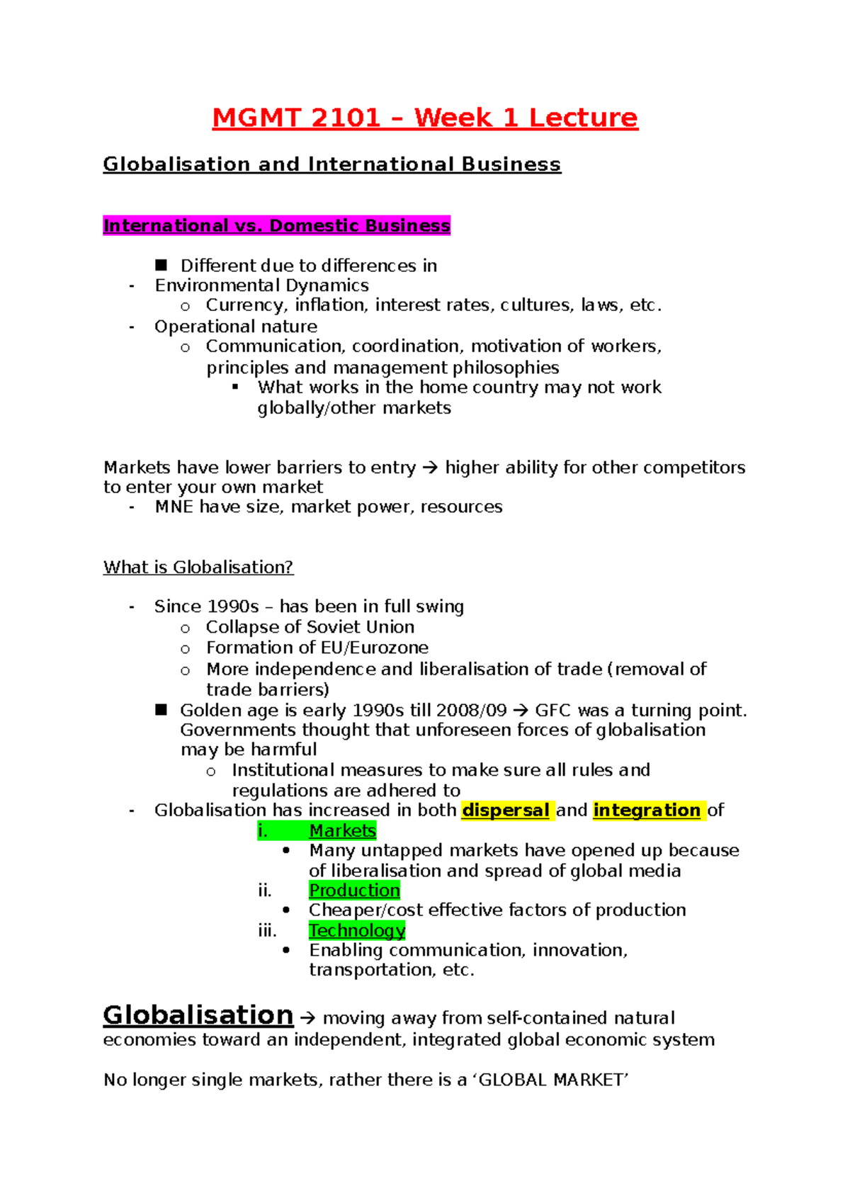 Week 1 Lecture - Globalisation and International Business - MGMT 2101 ...
