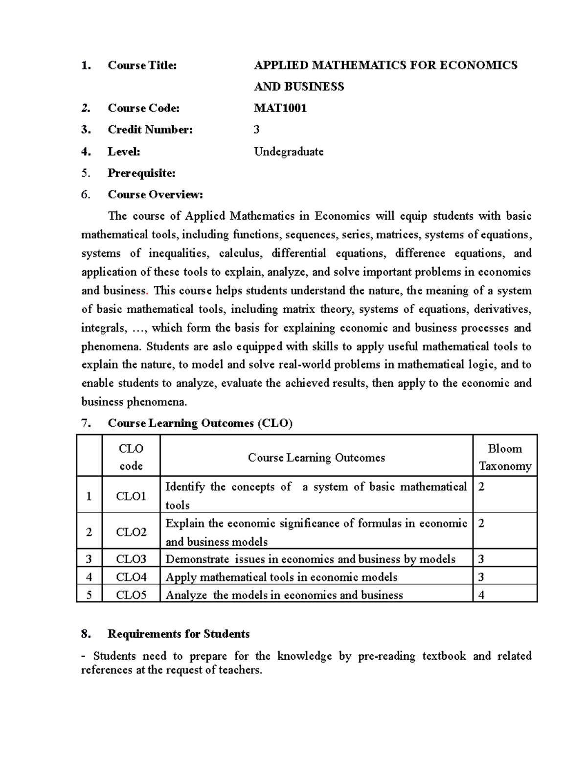 MAT1OO1.Applied math for economics and business Syllabus - Course Title ...