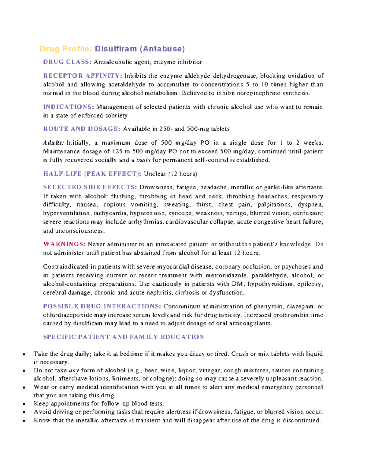 Drug Profile.pdf test 8 - Drug Profile: Disulfiram (Antabuse) DRUG ...