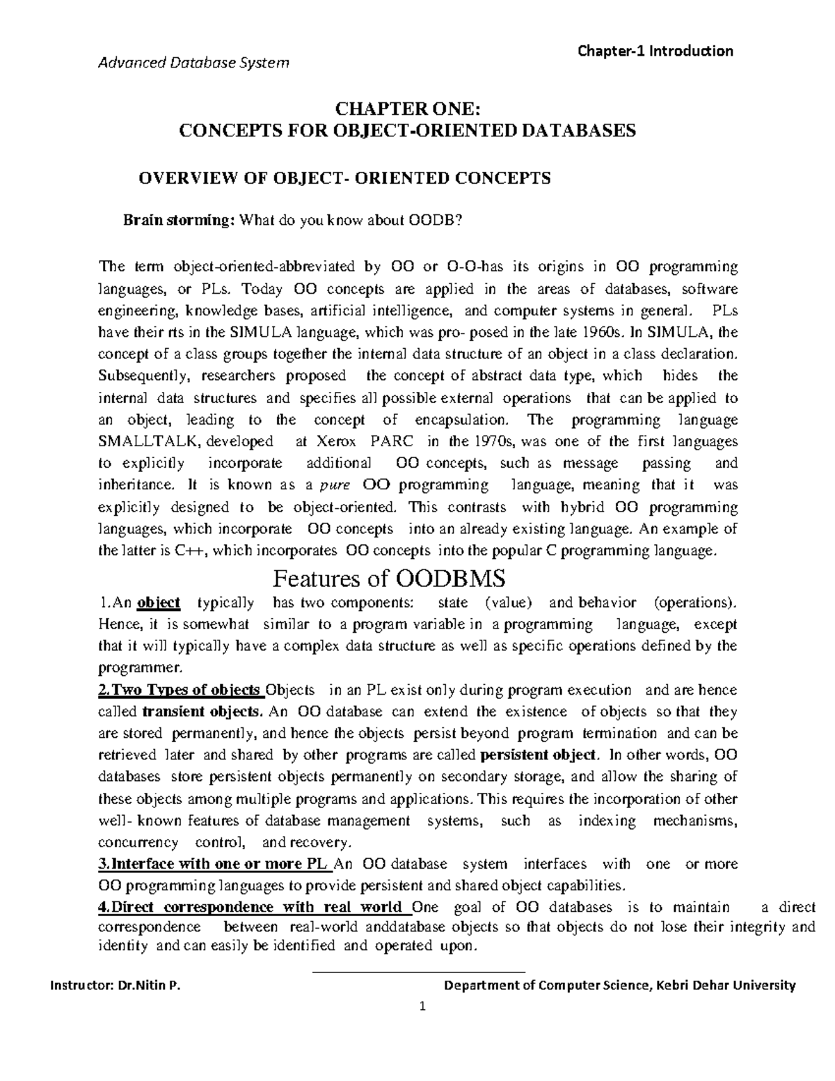 Adbms Ch1 - Advanced Database System Instructor: Dr P. Department of Computer Science, Kebri ...