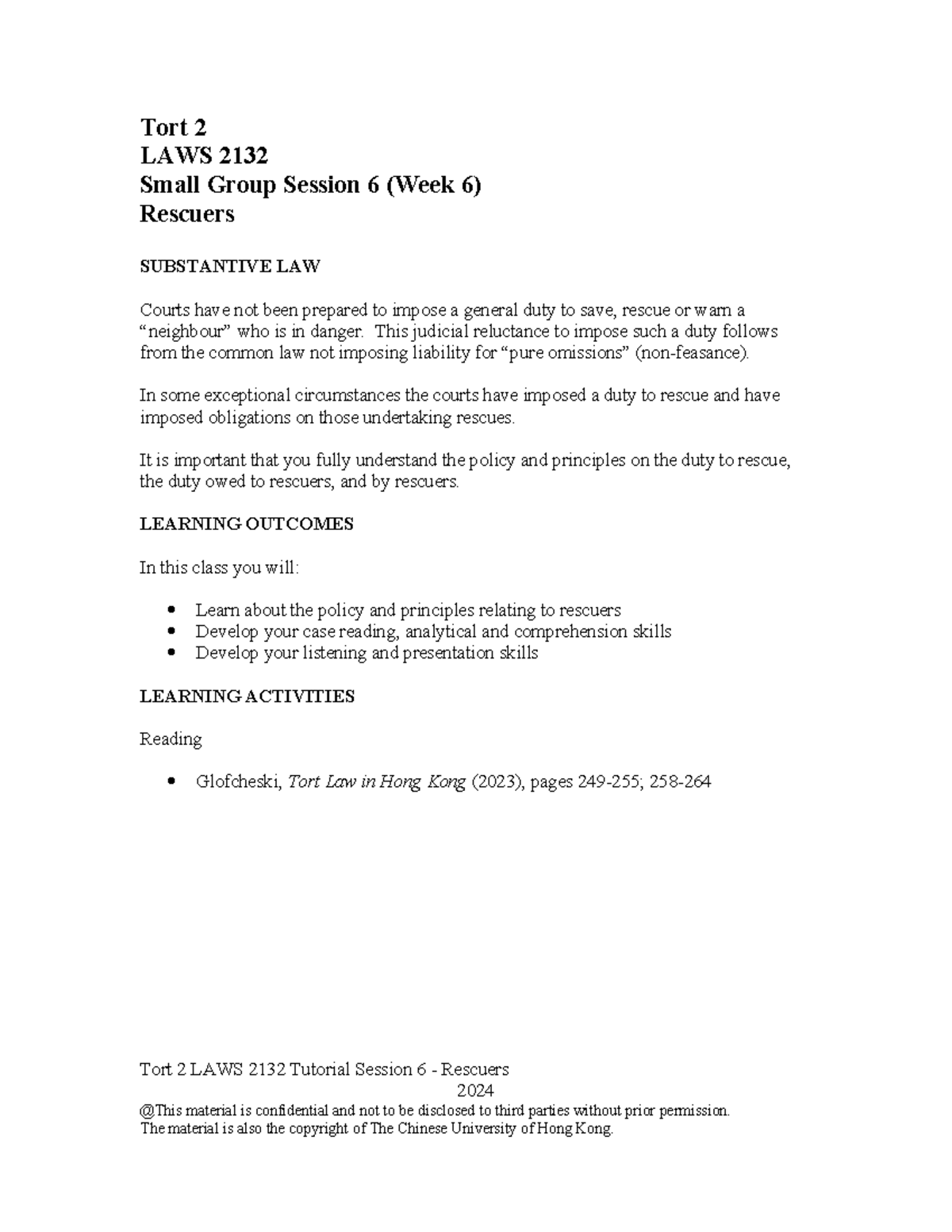 Week 6 Tutorial - Rescuers 2024 - Tort 2 LAWS 2132 Small Group Session 6 (Week 6) Rescuers - Studocu