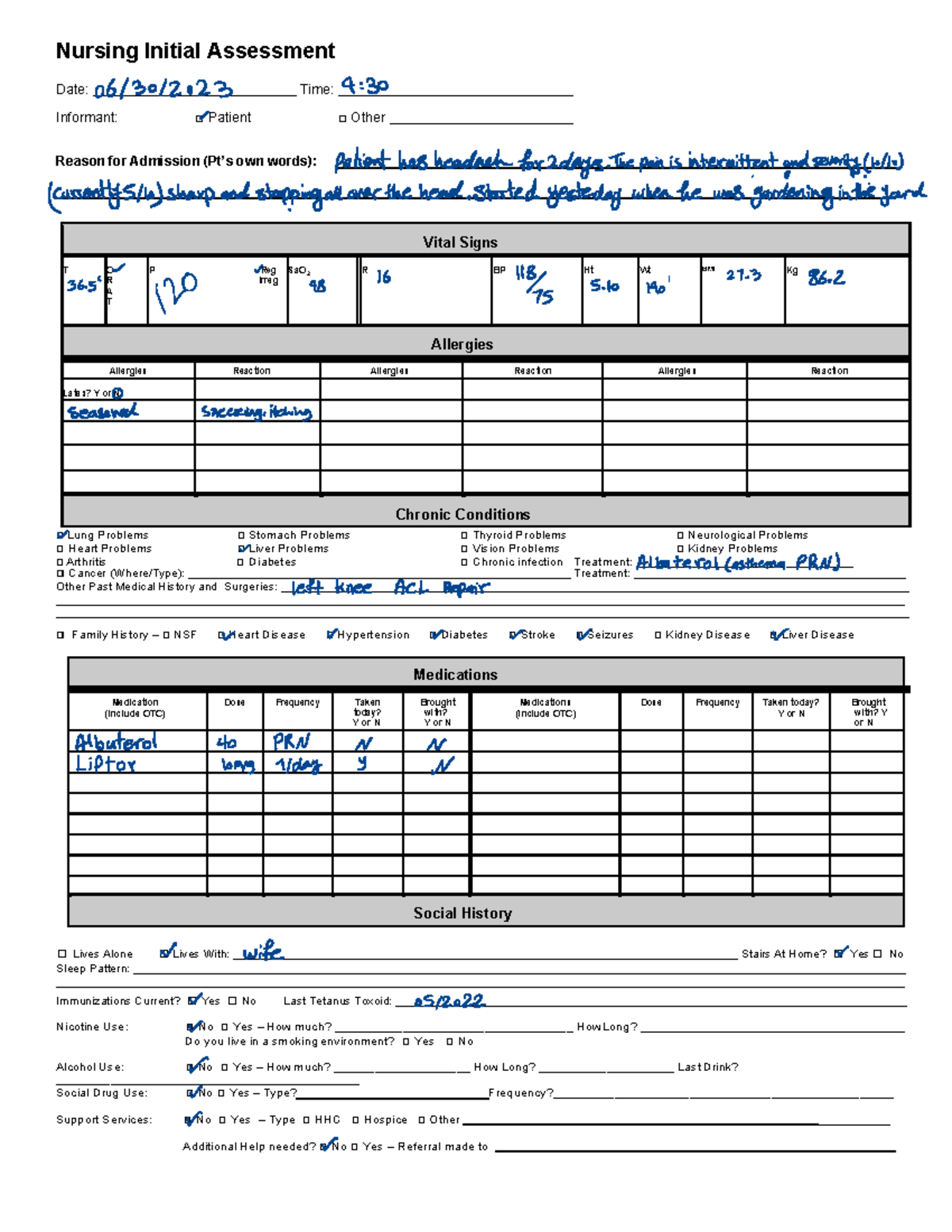 RN+Initial+Assessment+06112023 - Nursing Initial Assessment Date: Time ...