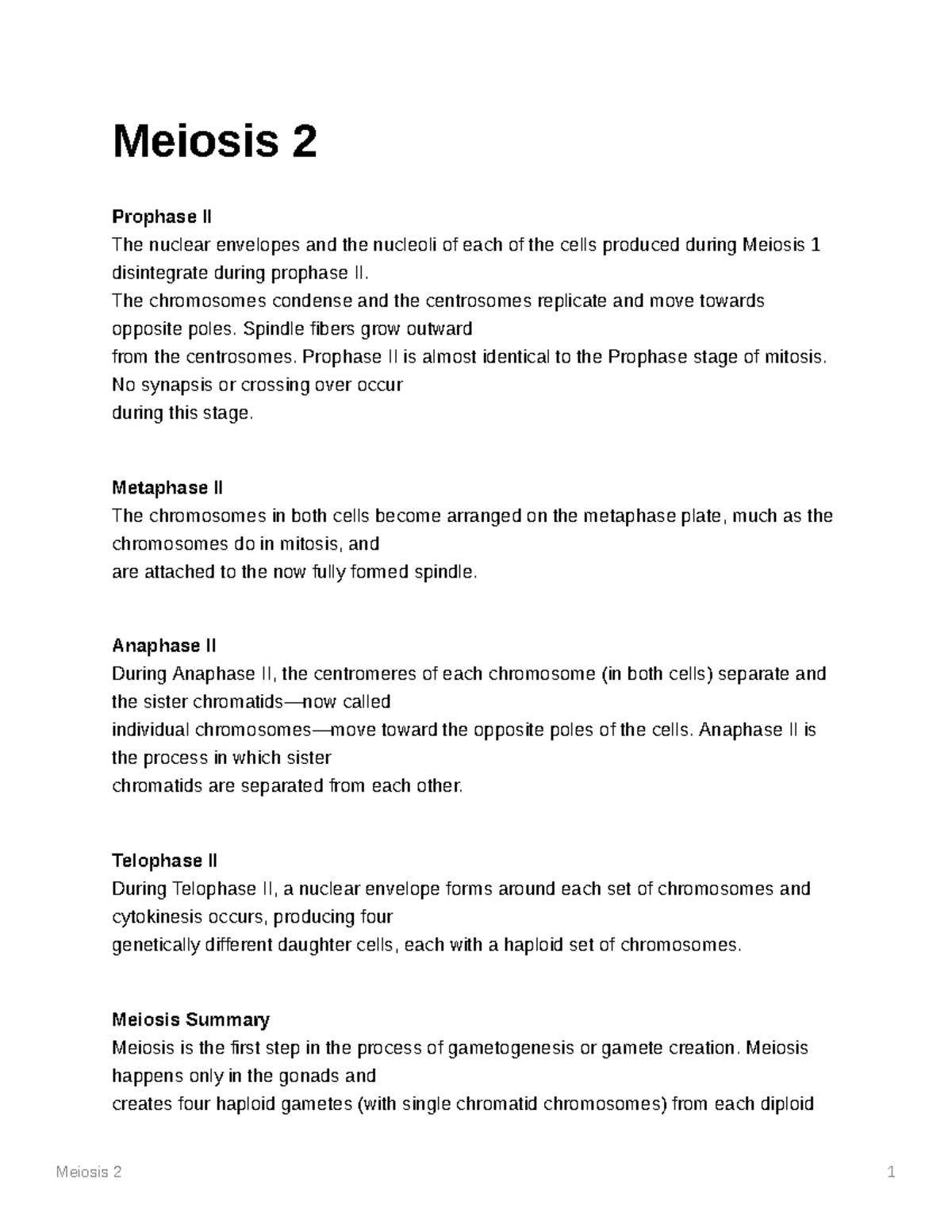 Meiosis 2 - In class notes - Meiosis 2 1 Meiosis 2 Prophase II The ...