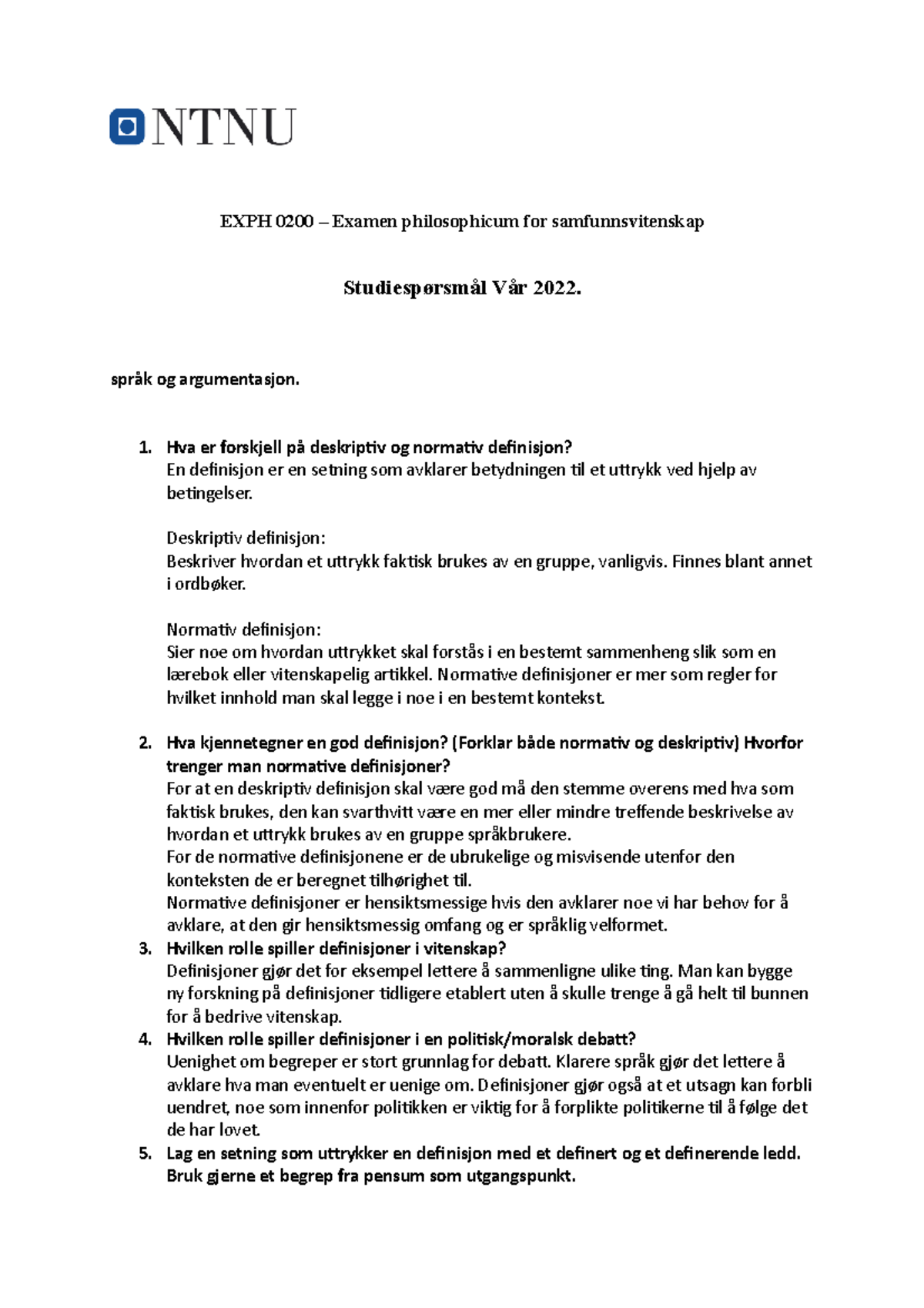 Studiespørsmål EXPH0200 V22 - EXPH 0200 – Examen philosophicum for samfunnsvitenskap ...