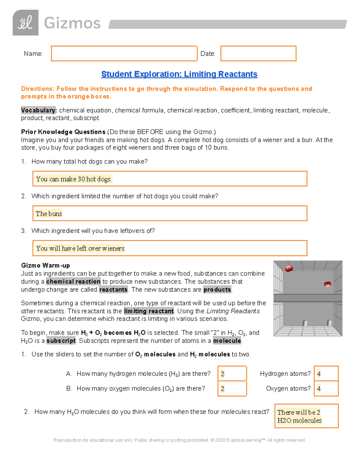 Limiting Reactants Gizmo - Name: Date: Student Exploration: Limiting Reactants Directions ...