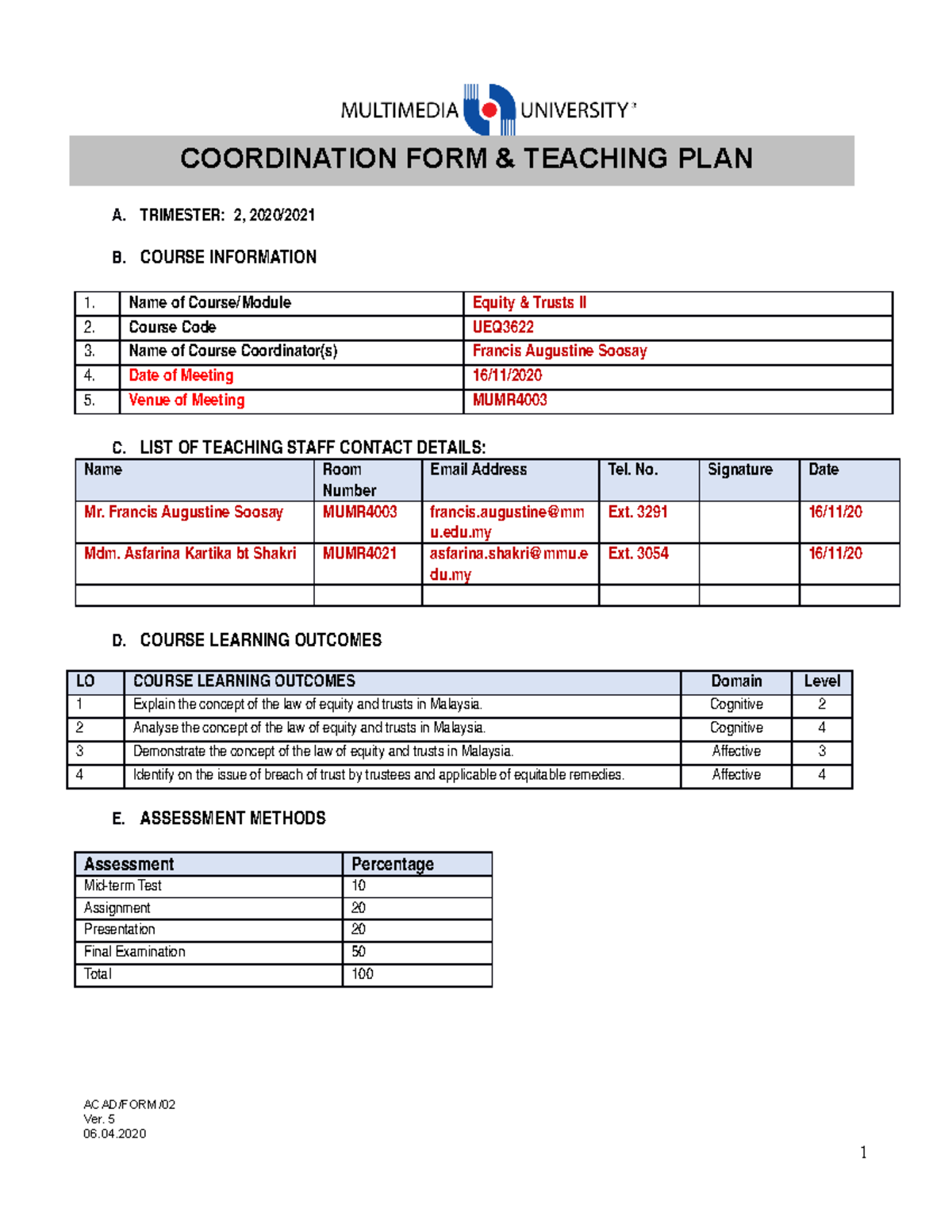 358602 2- Coordination FORM & Teaching PLAN Ver5 - A. TRIMESTER: 2 ...