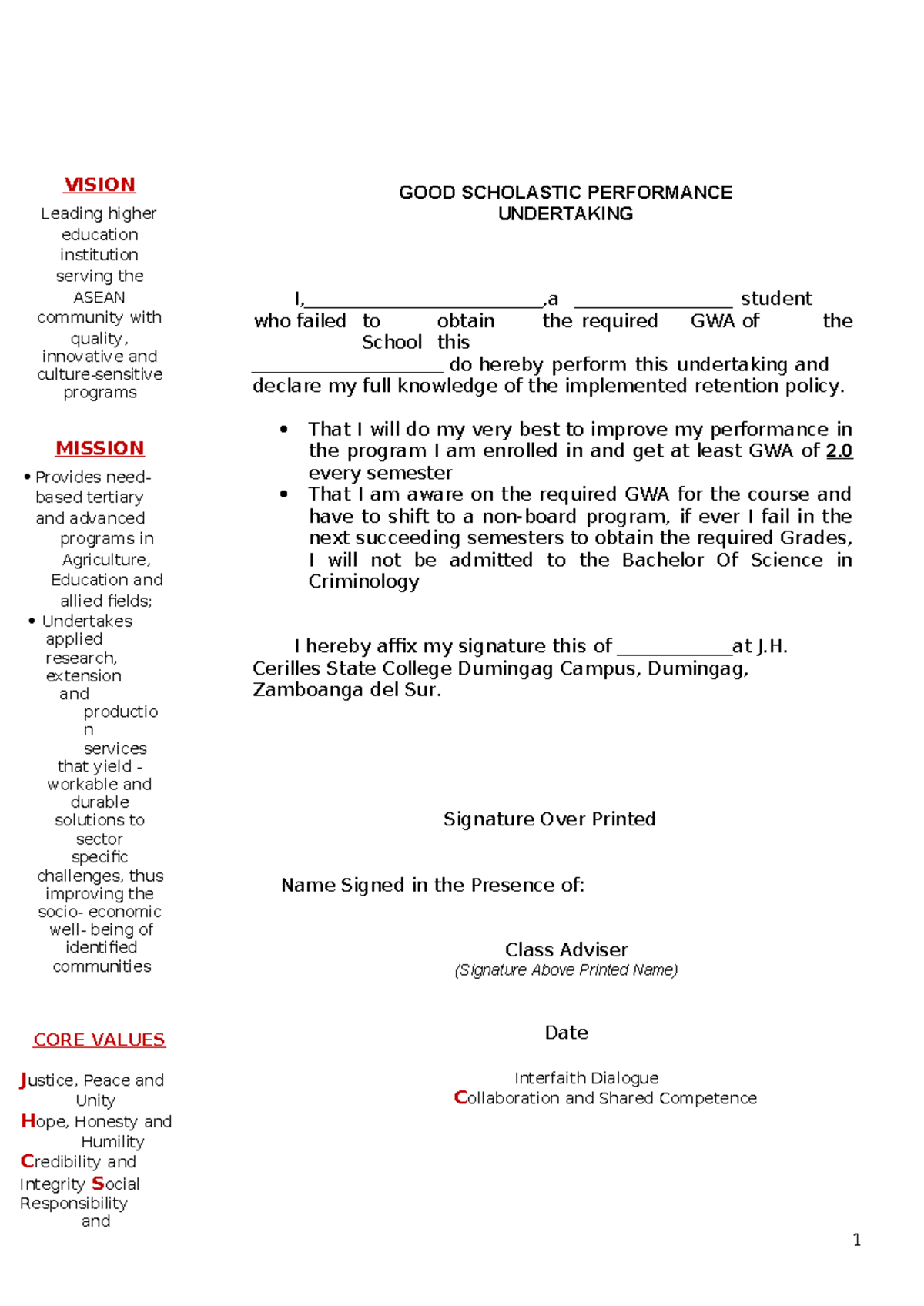 Crim Good Scholarship Performance Undertaking - VISION Leading higher ...