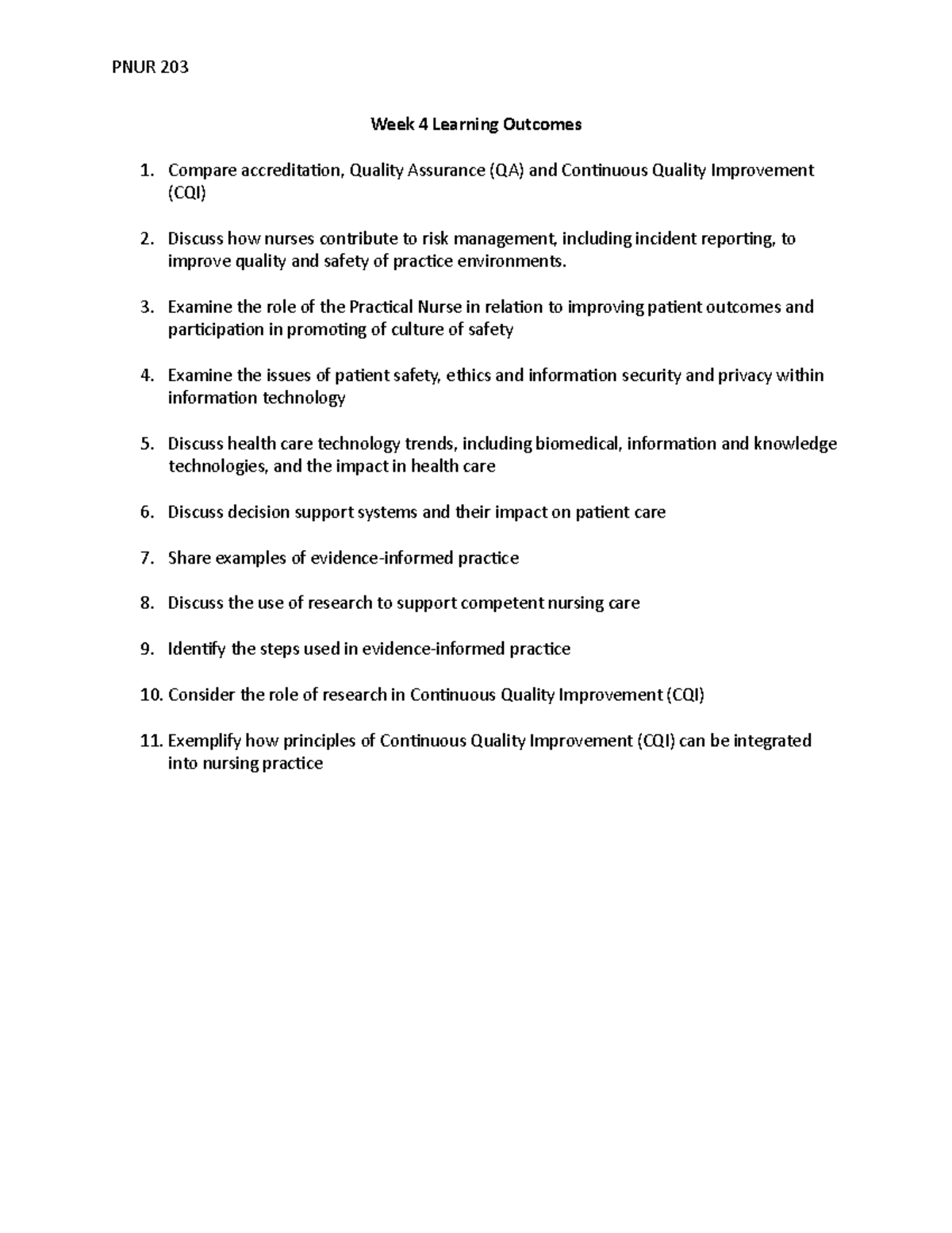 Week 4 Learning Outcomes - PNUR 203 Week 4 Learning Outcomes Compare ...