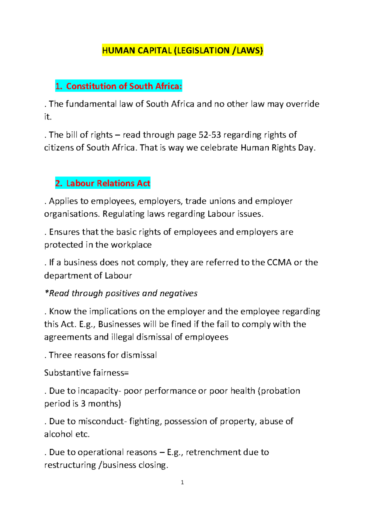 HR Laws notes Grade 12 - HUMAN CAPITAL (LEGISLATION /LAWS) Constitution ...