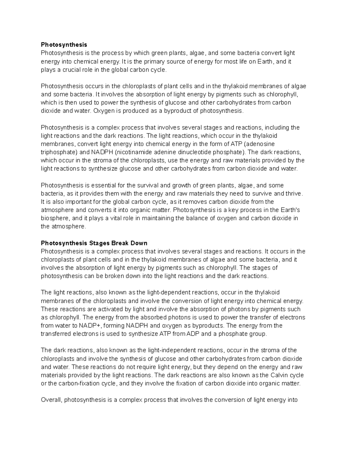 Photosynthesis - Biology - Photosynthesis Photosynthesis is the process ...