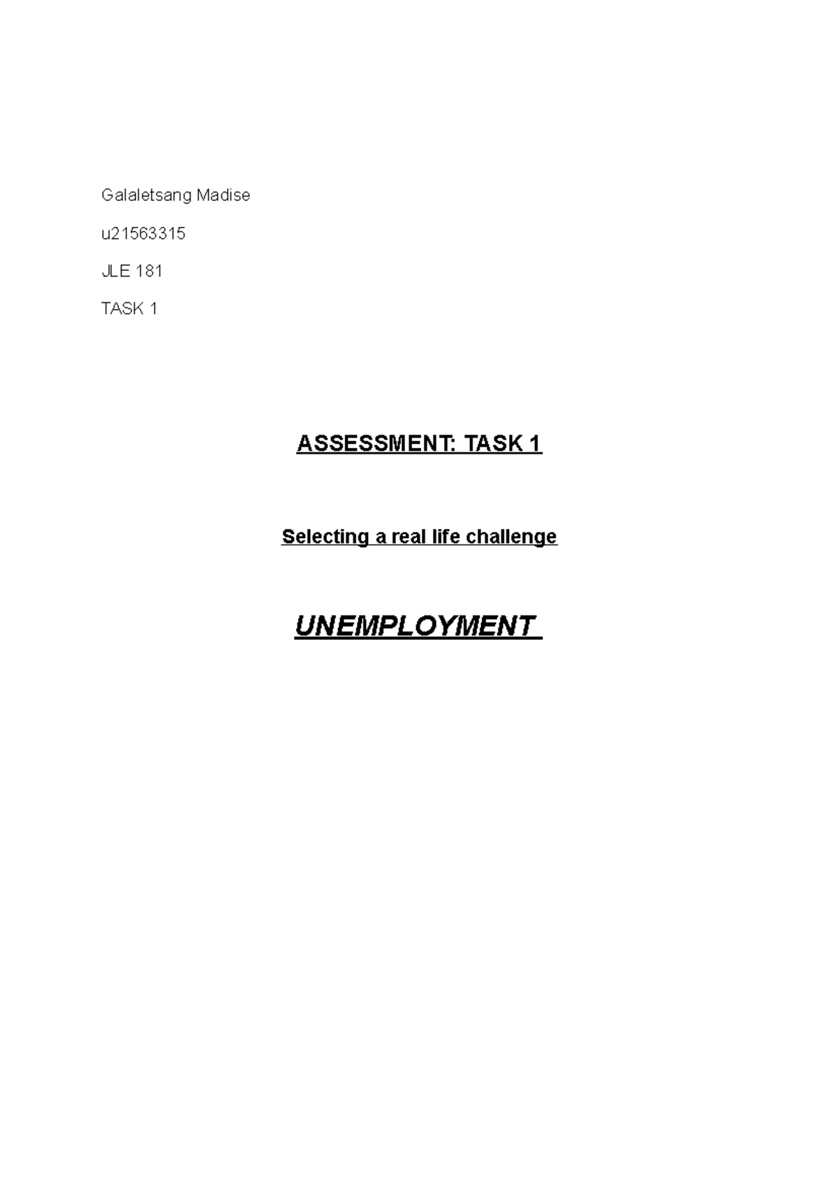 JLE 181-TASK 1 - JLE 181 - Galaletsang Madise u JLE 181 TASK 1 ...