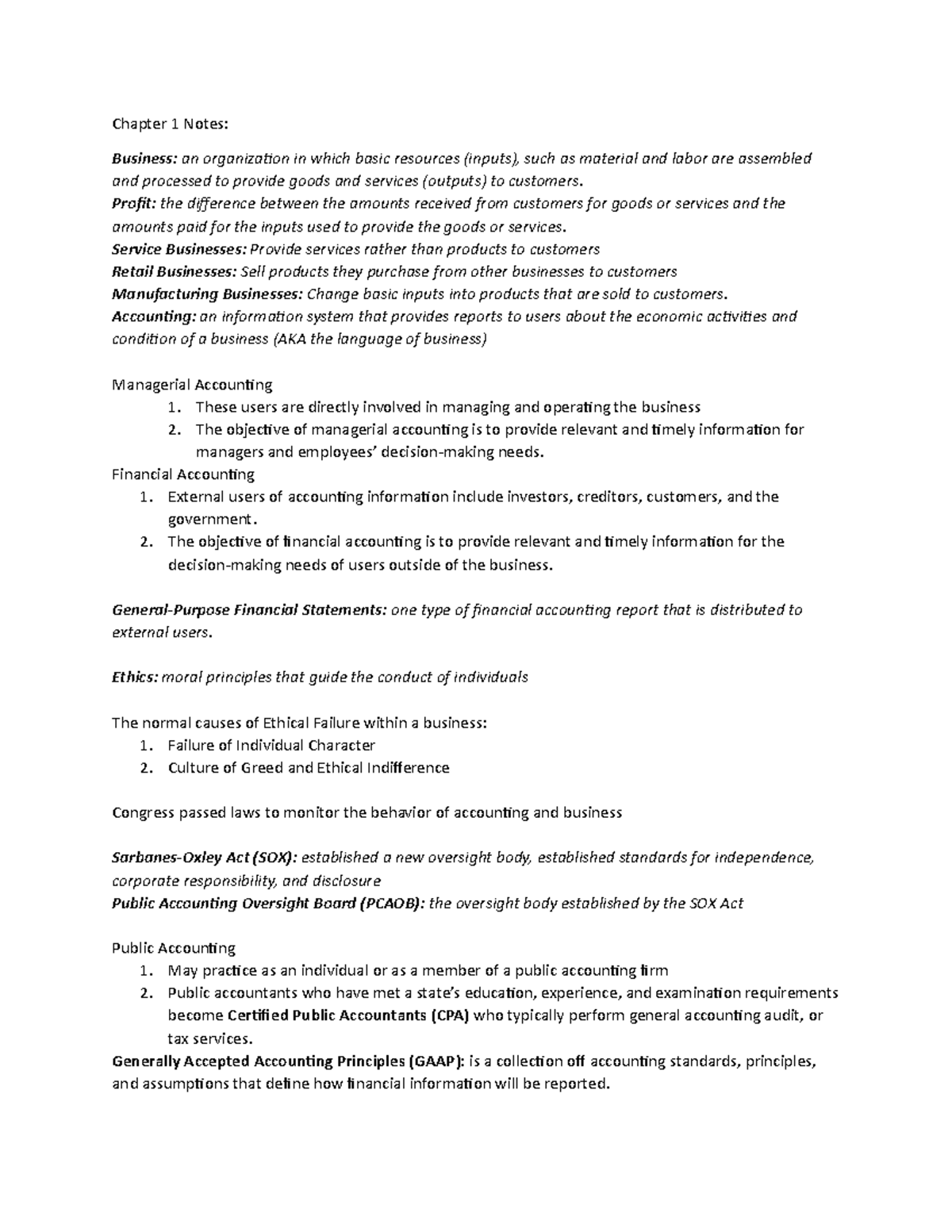 Notes - Chapter 1 Notes: Business: an organization in which basic ...