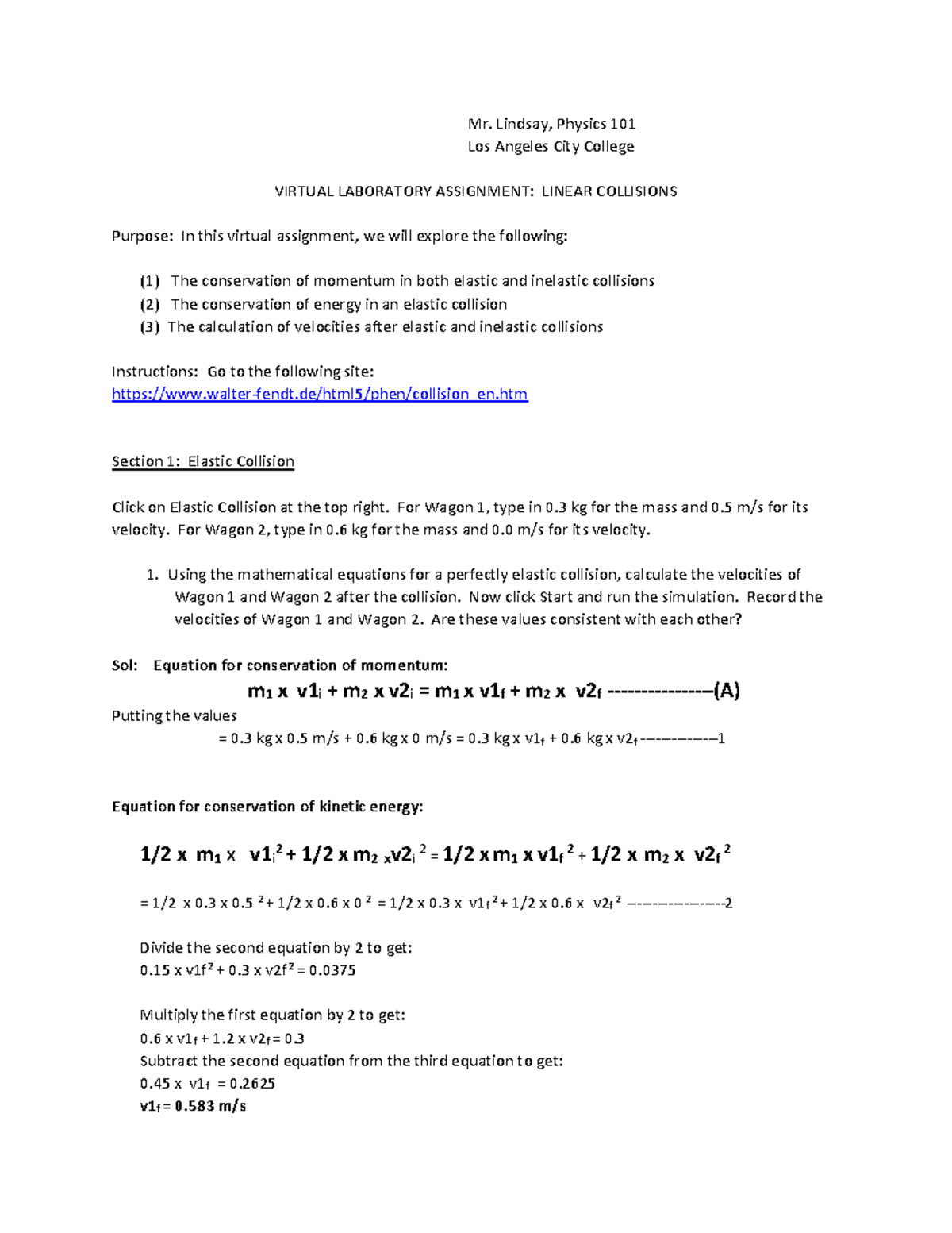 Virtual linear collisions experiment. done - Mr. Lindsay, Physics 101 ...