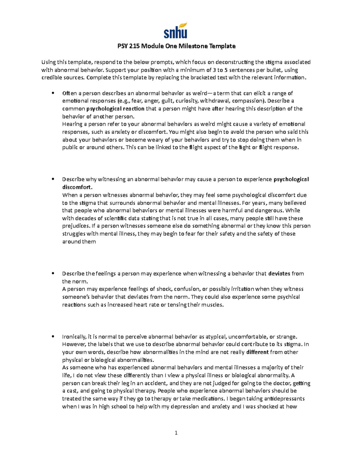 PSY 215 Module One Milestone Template - PSY 215 Module One Milestone ...