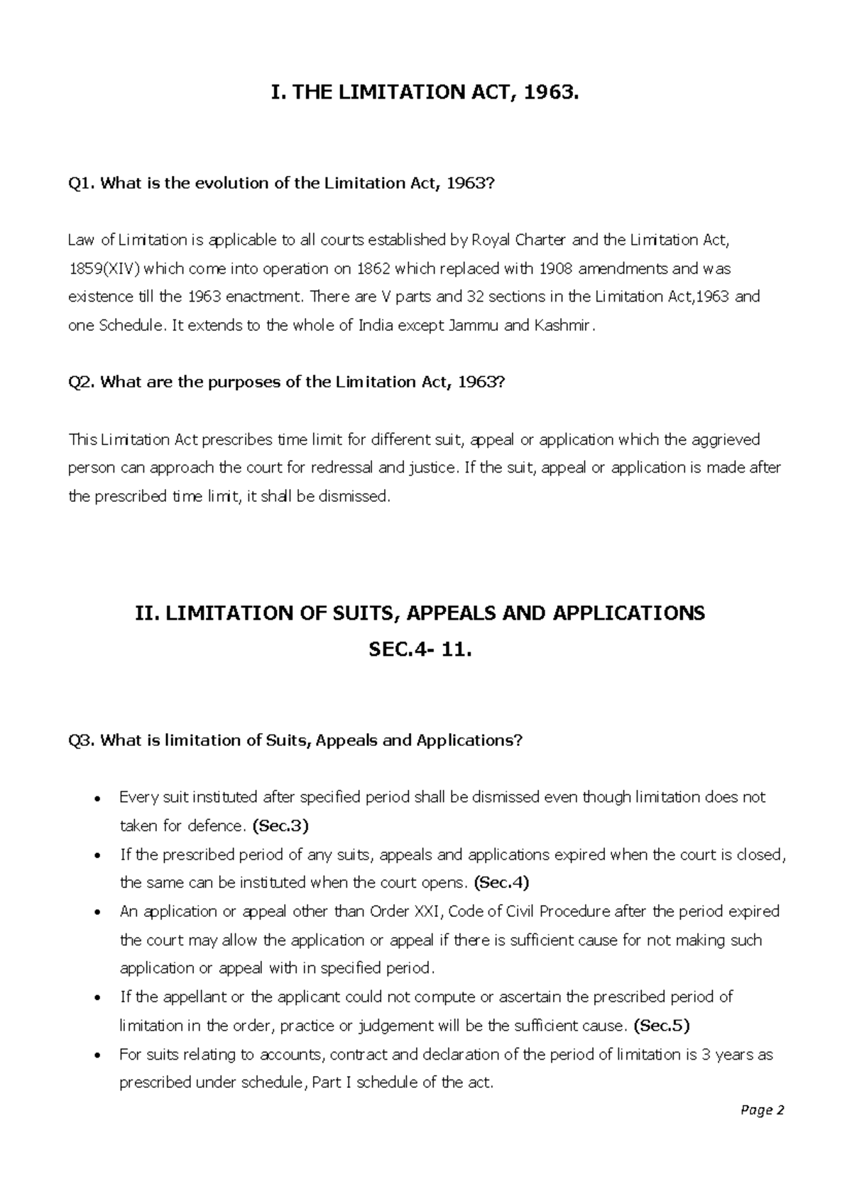 (Q& A ) Limitation ACT - svcZV - I. THE LIMITATION ACT, 1963. Q1. What ...