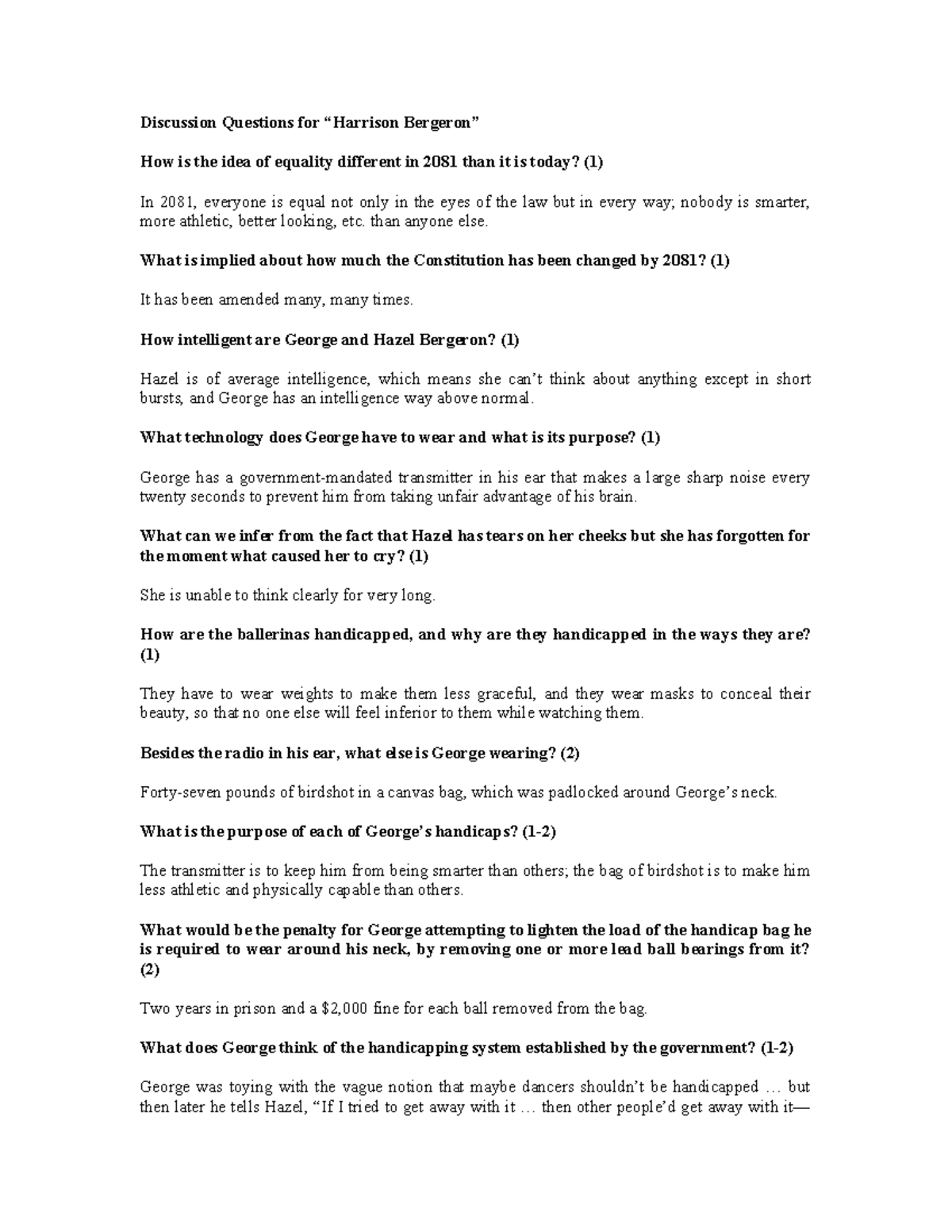 Harrison Bergeron Discussion Questions and Answers - Discussion ...