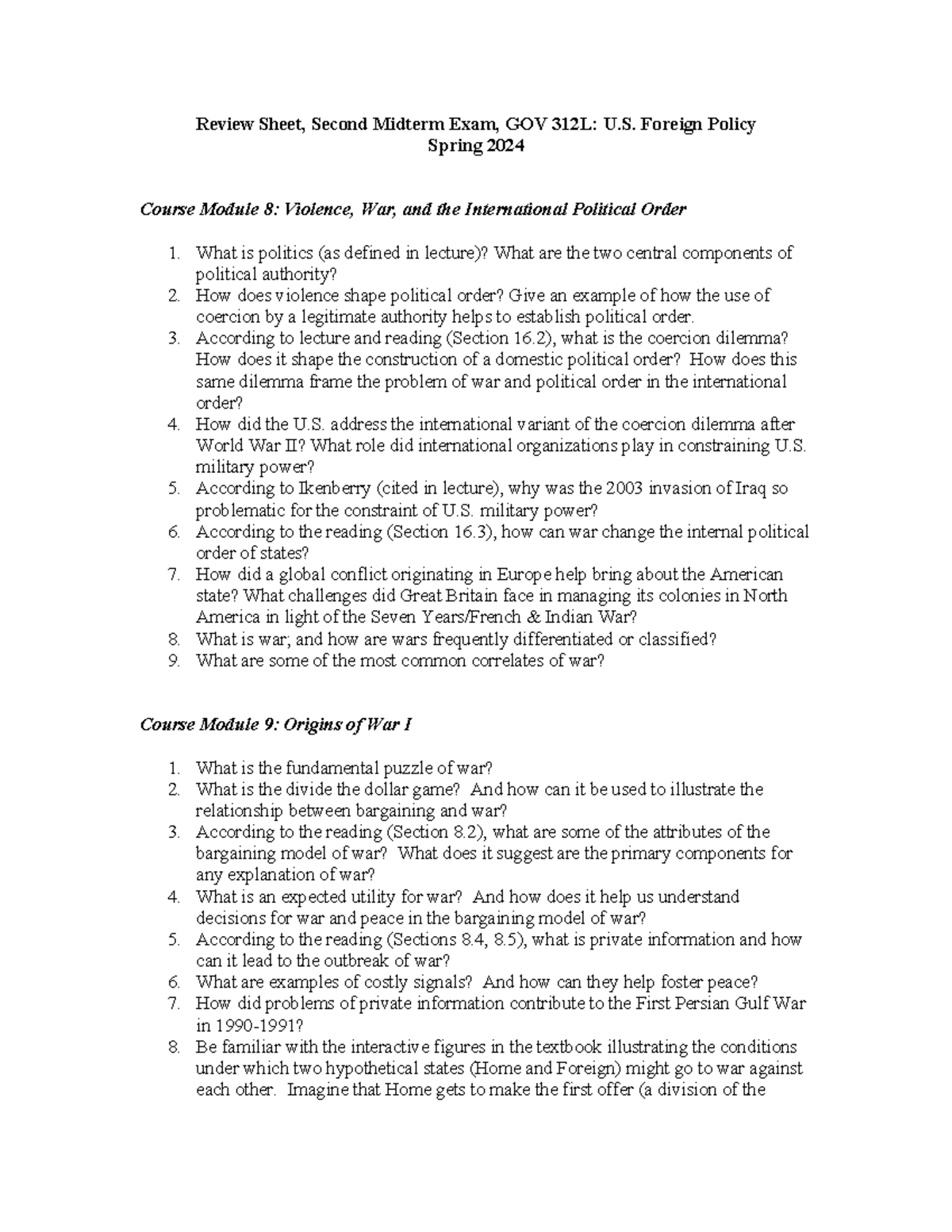 GOV 312 Review Sheet, Sp2024, Second midterm exam - Review Sheet, Second Midterm Exam, GOV 312L ...
