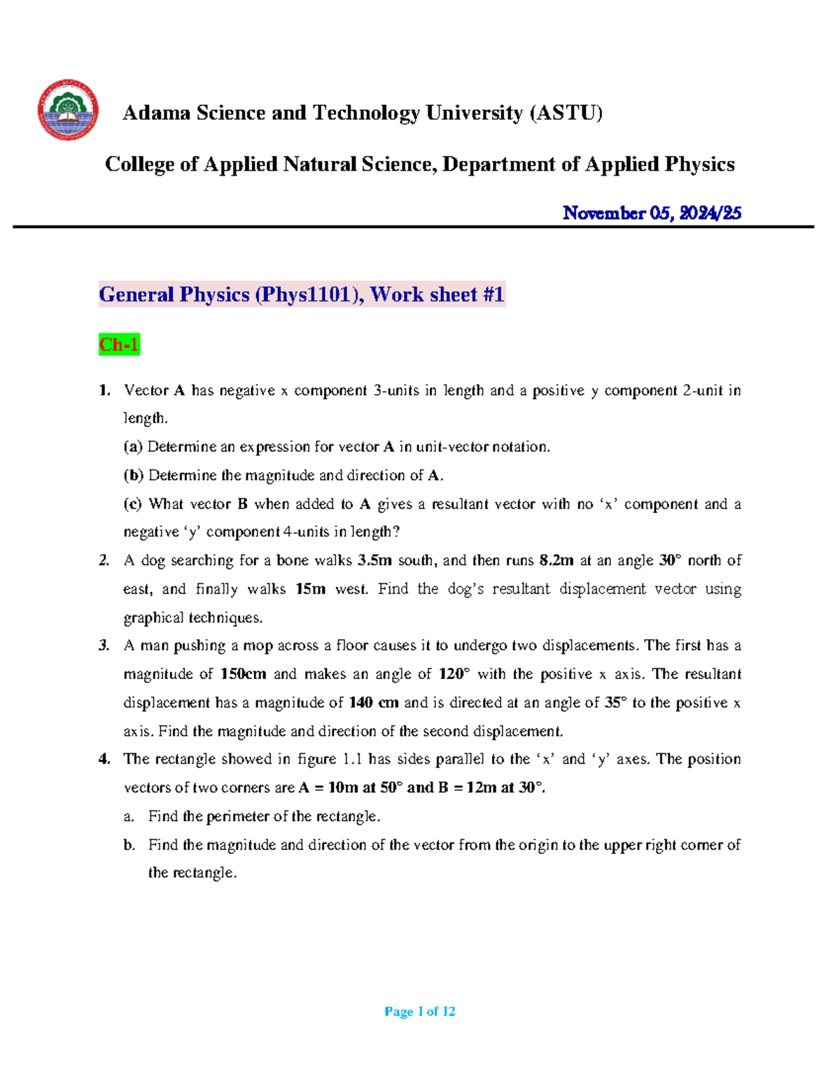 Genera Physics Worksheet One-1 - Adama Science and Technology ...