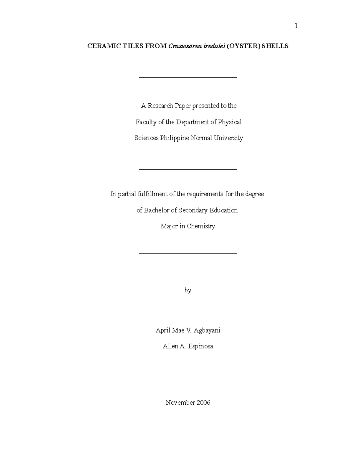 Pdfcoffee - vrztnzd - CERAMIC TILES FROM Crassostrea iredalei (OYSTER) SHELLS A Research Paper ...